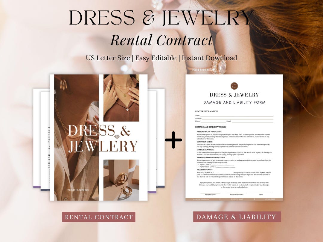 Dress and Jewelry Rental Contract, Damage and Liability Form, Care ...