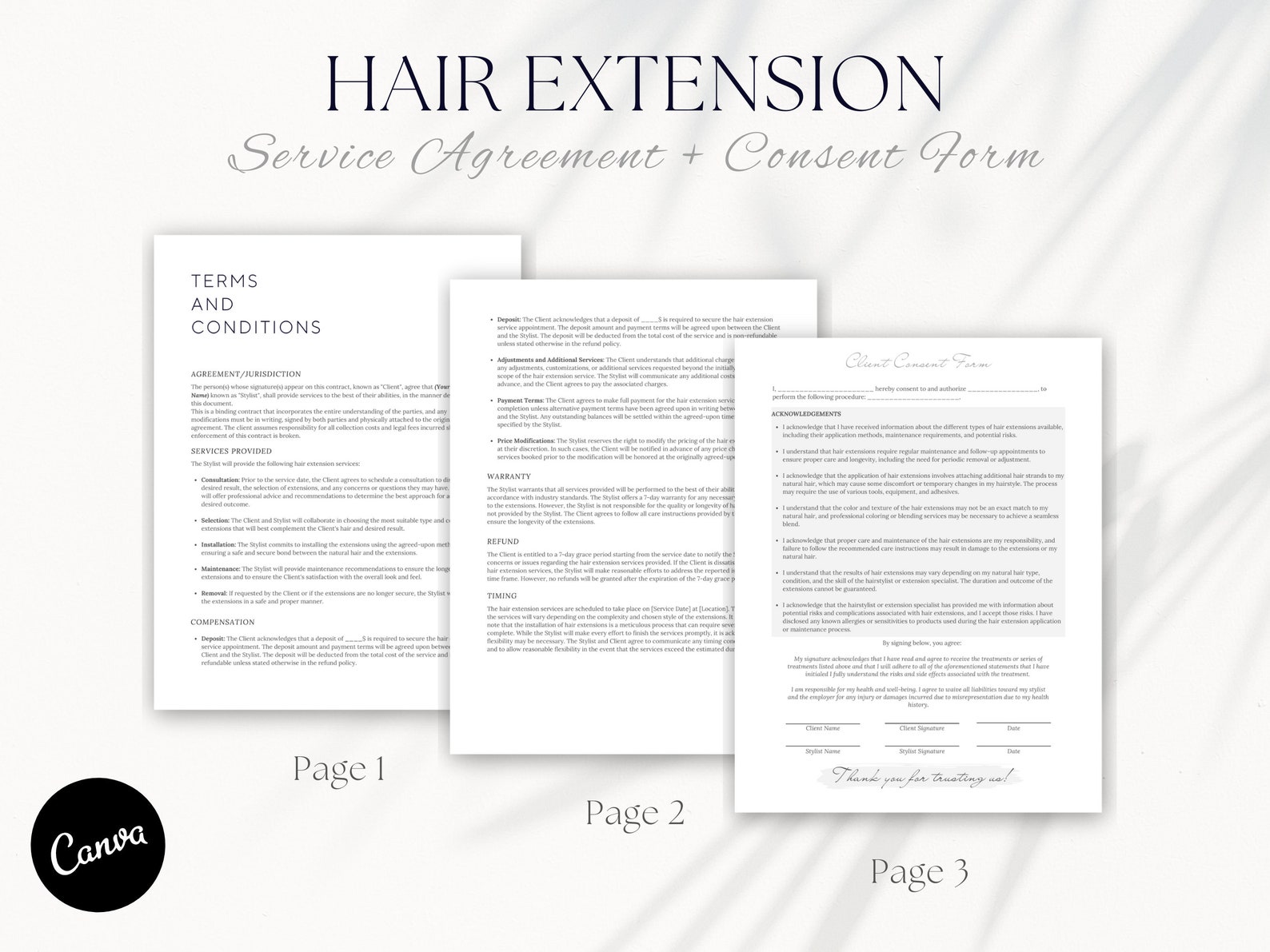 Hair Extension Service Contract Template: Salon Forms (canva Editable ...