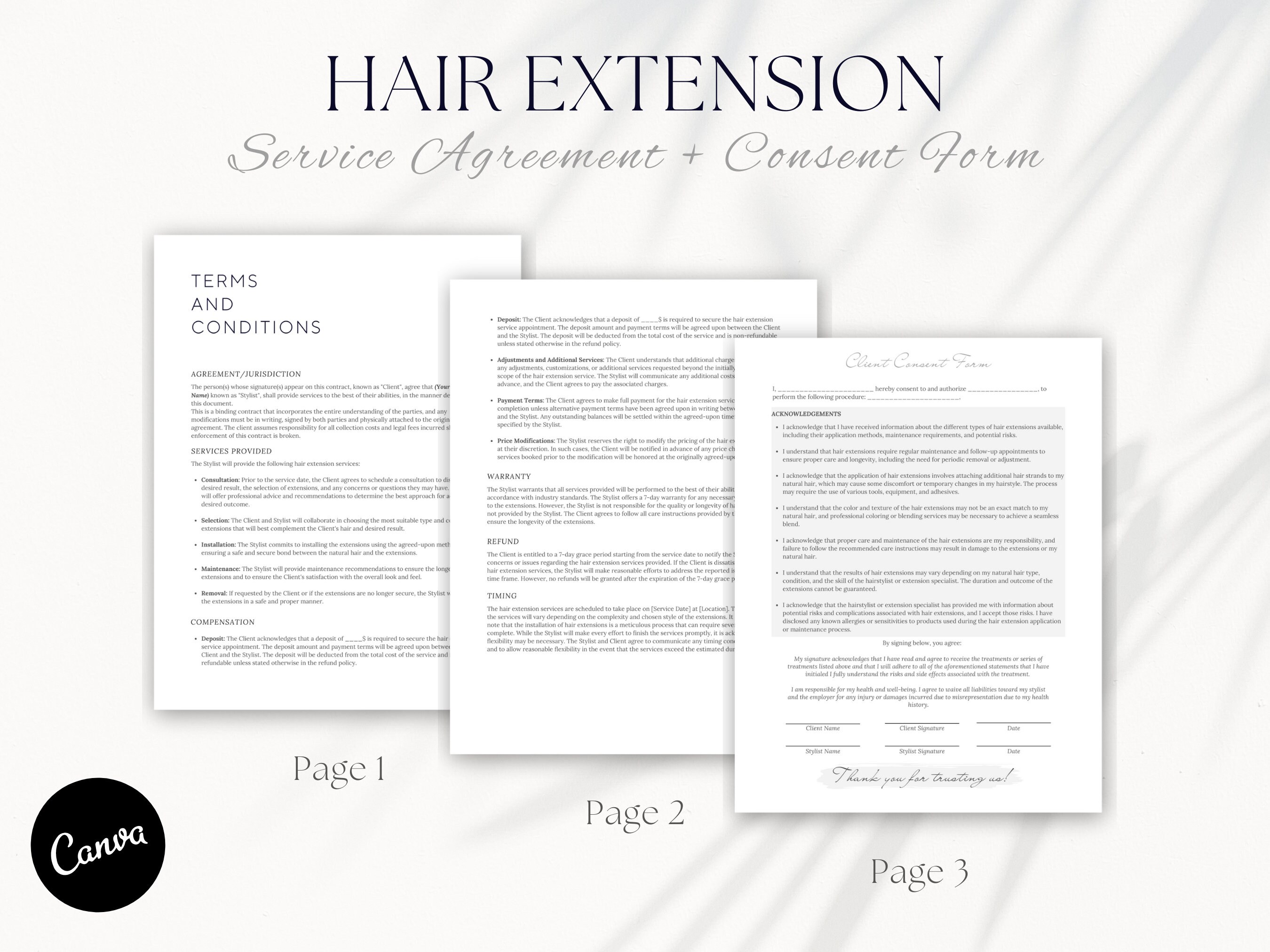 Hair Extension Service Agreement | Hair Braiding Intake Form | Hair ...