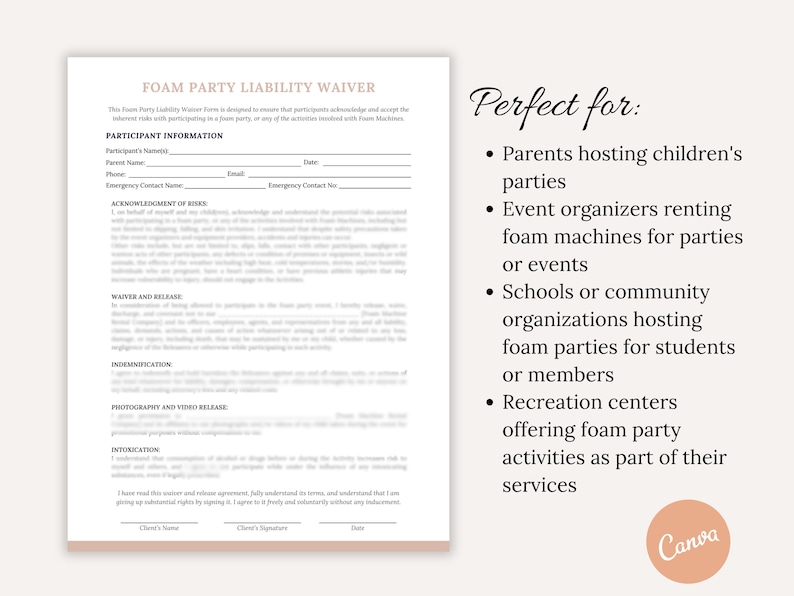 Foam Party Liability Waiver & Media Release Template (digital Download ...