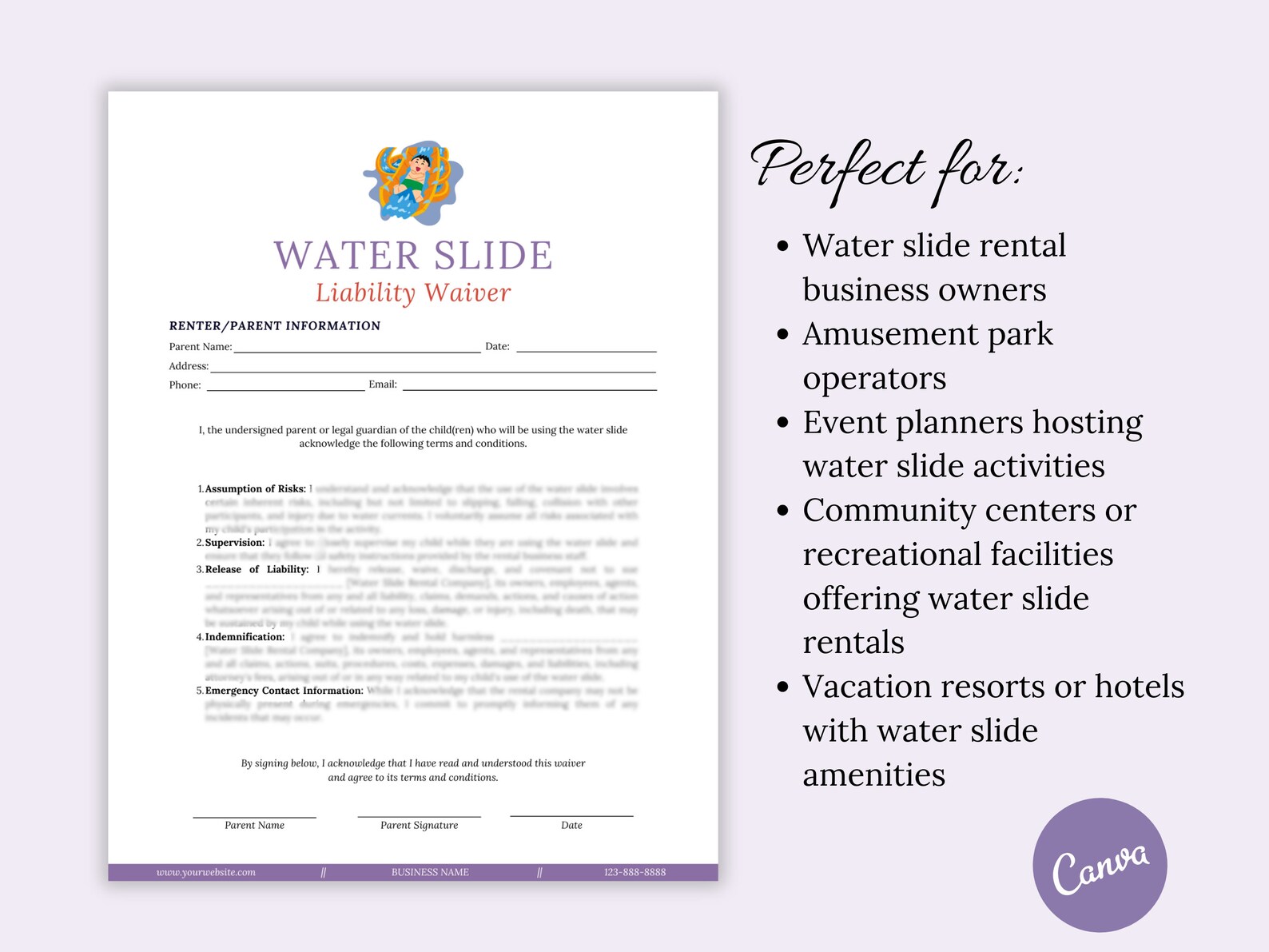 Inflatable Water Slide Liability Waiver, Waterslide Consent Form ...