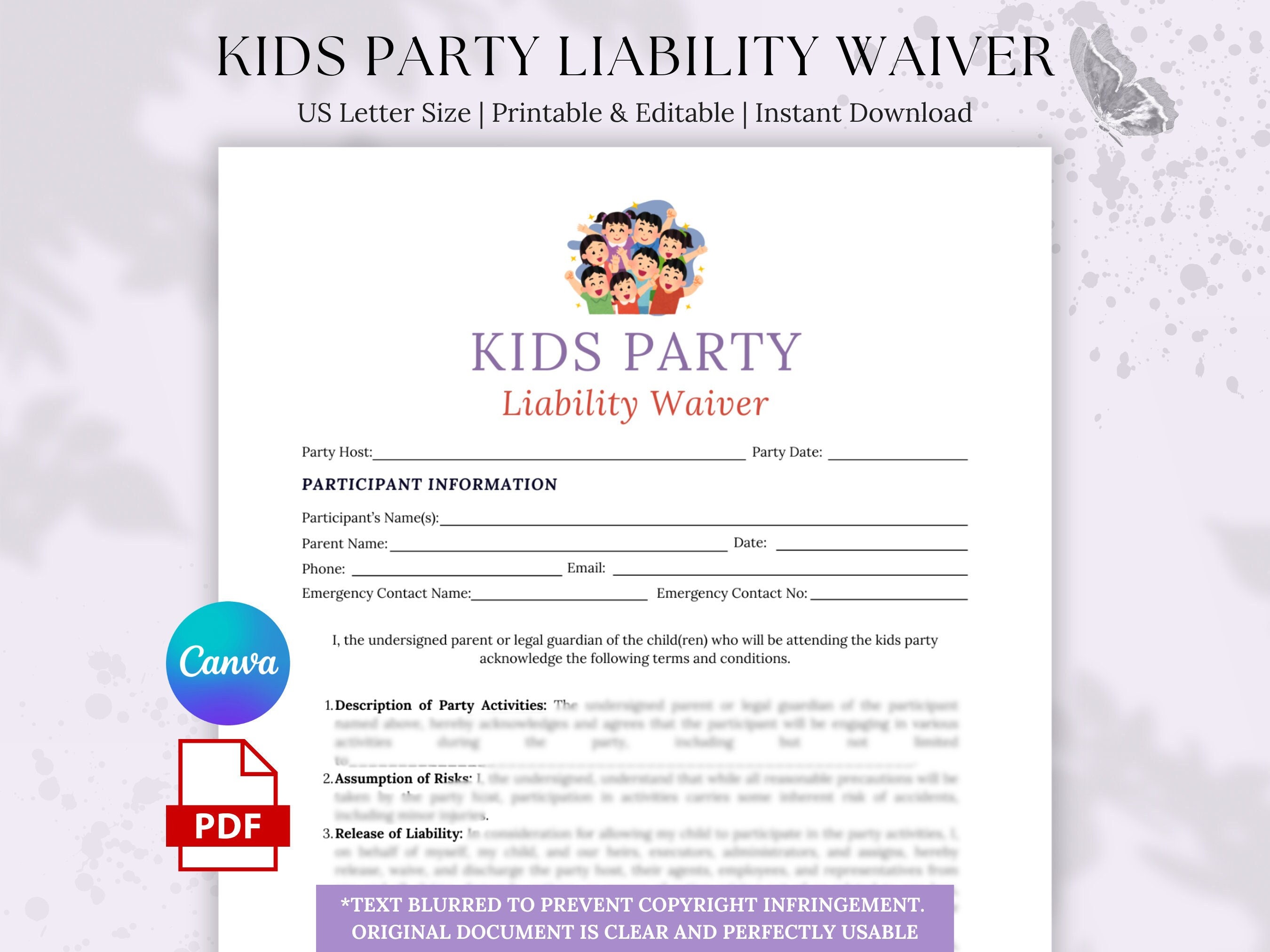 Liability Waiver for Kids Party, Parents Consent Form for Kids Events ...