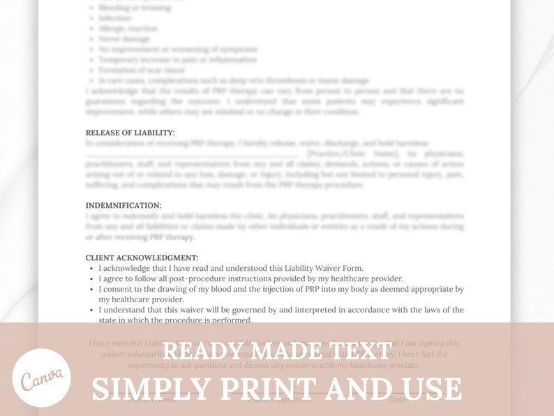 PRP Consent Form & Liability Waiver Template (digital Download) - Etsy