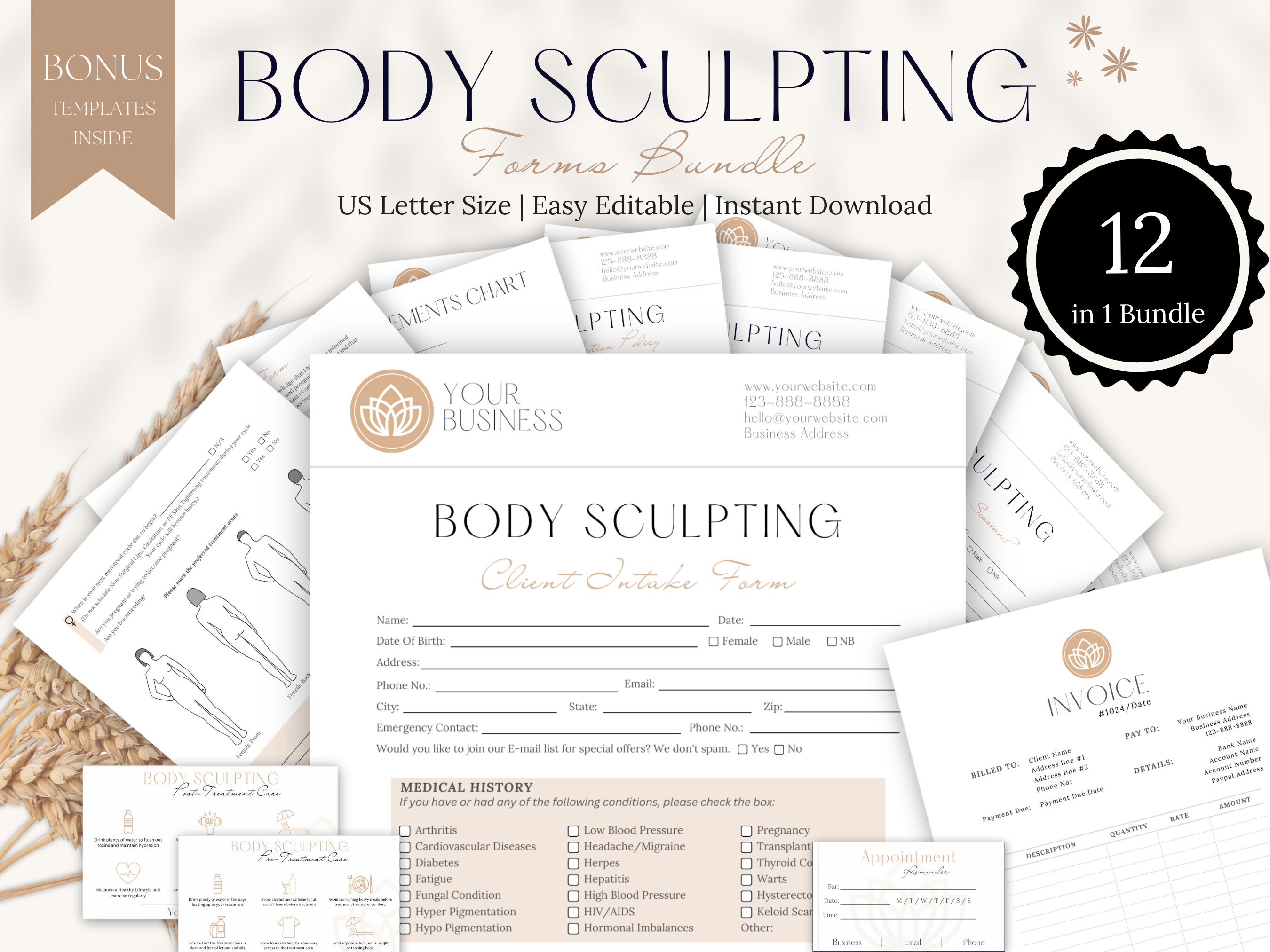Body Sculpting Intake Forms Bundle, Body Fat Reduction Treatment Bundle ...
