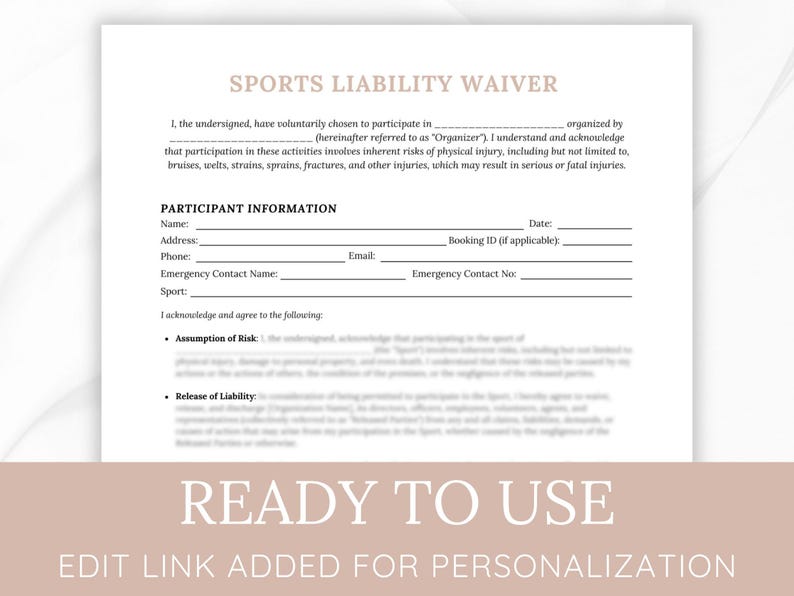 Sports Liability Waiver Template: Editable Consent Form (digital ...