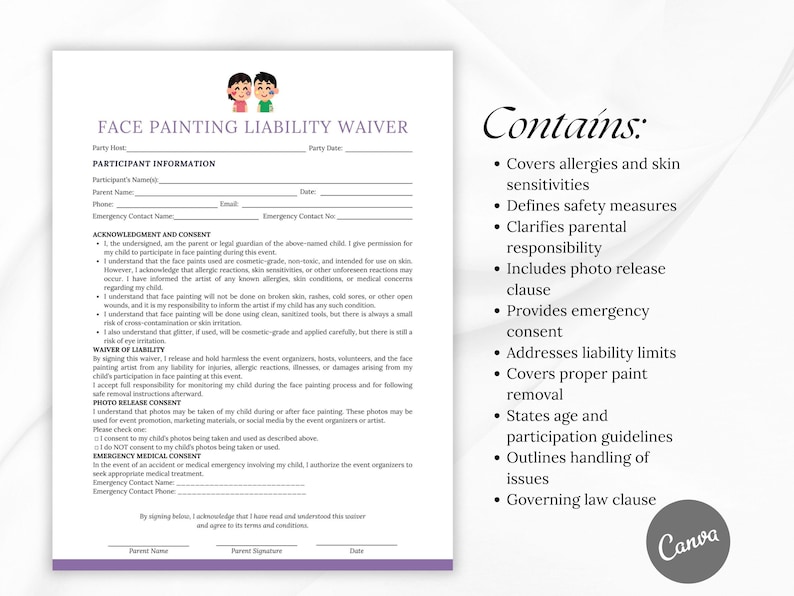 Face Painting Liability Waiver Template: Party Consent Form (PDF ...