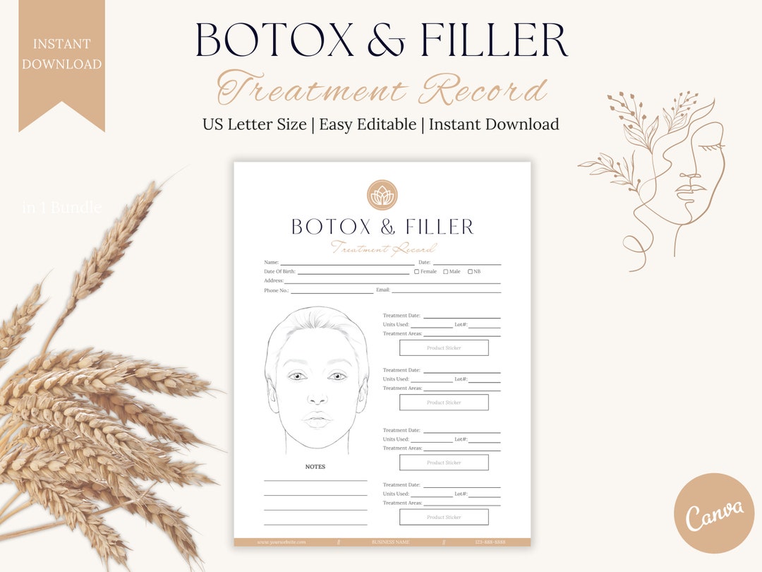 Botox Treatment Form, Injectable Face Chart, Botox Client Record, Botox ...