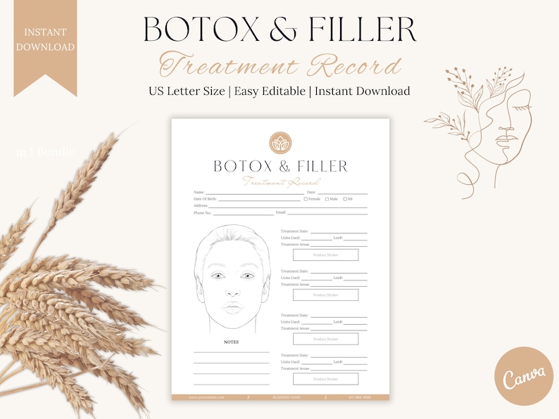 Botox Treatment Record Template: Injectable Face Chart (canva Editable ...