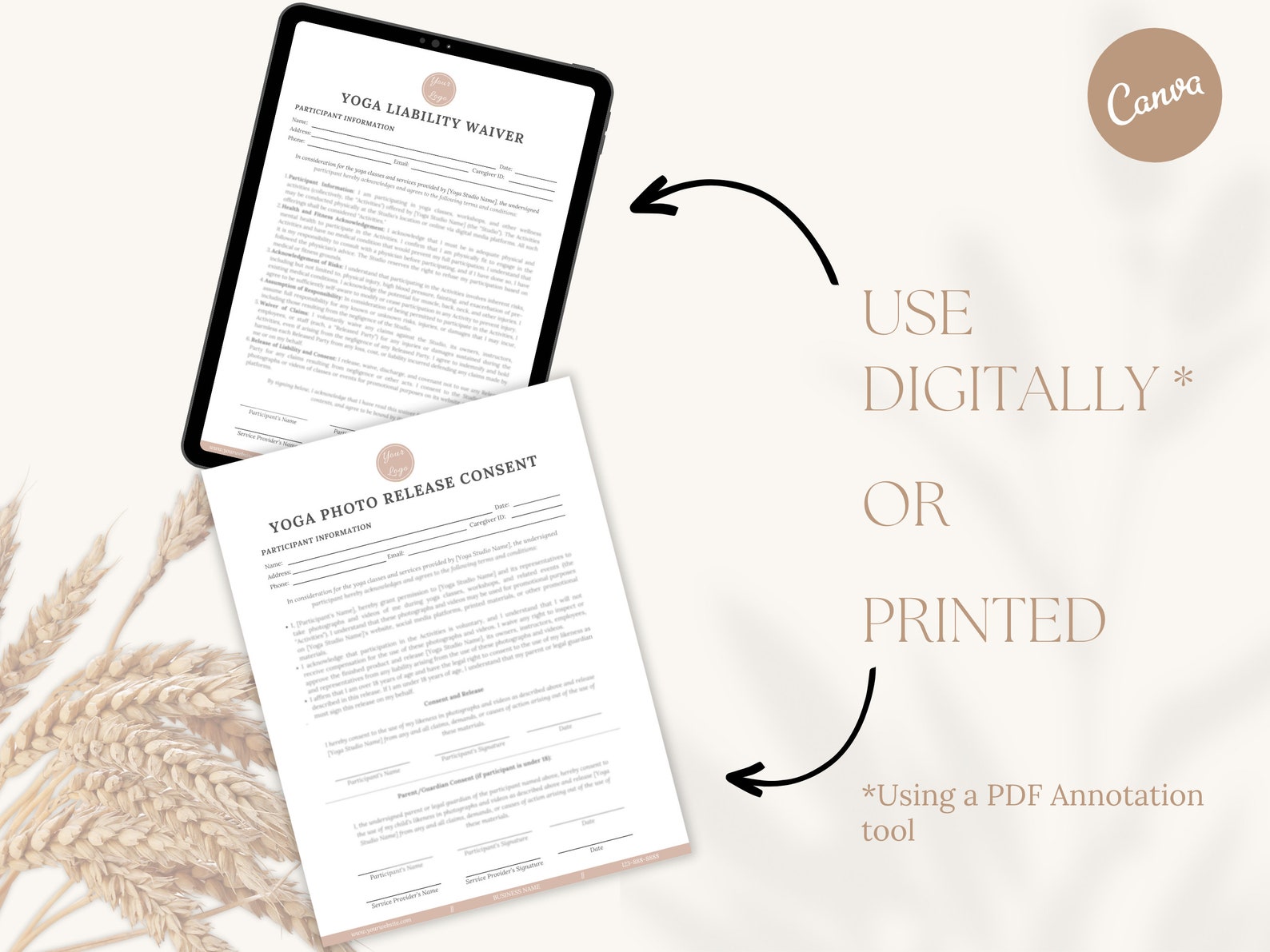 Yoga Liability Waiver Form, Yoga Photo Release Consent Form, Yoga ...