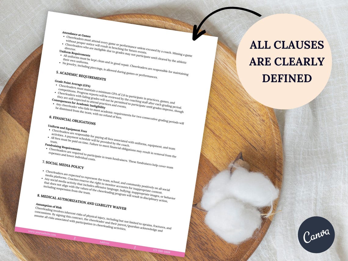 Cheerleading Contract Template: High School Program (digital Download ...