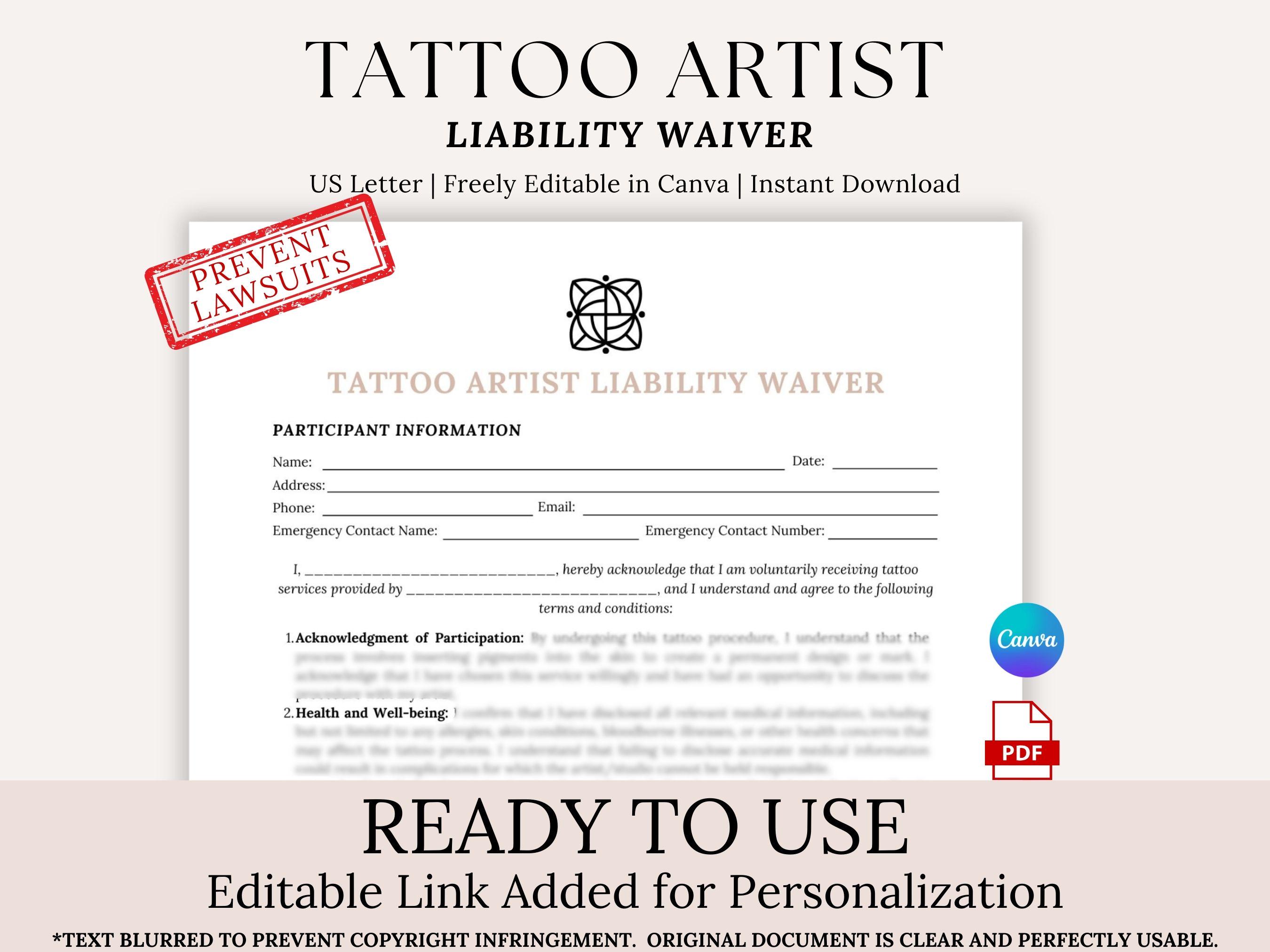 Tattoo Artist Liability Waiver, Tattoo Consent & Release Form, Client ...