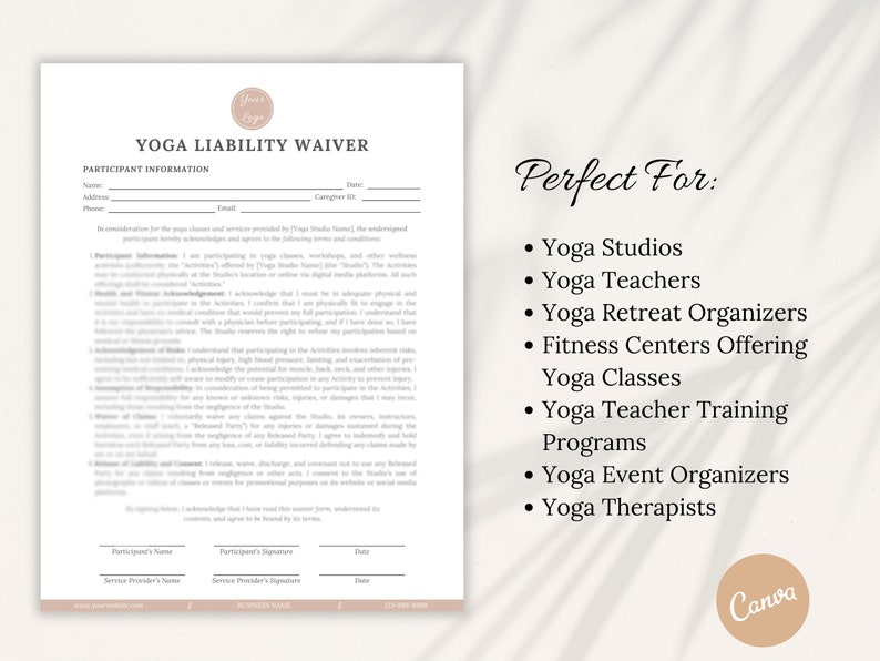 Yoga Liability Waiver Form, Yoga Photo Release Consent Form, Yoga ...