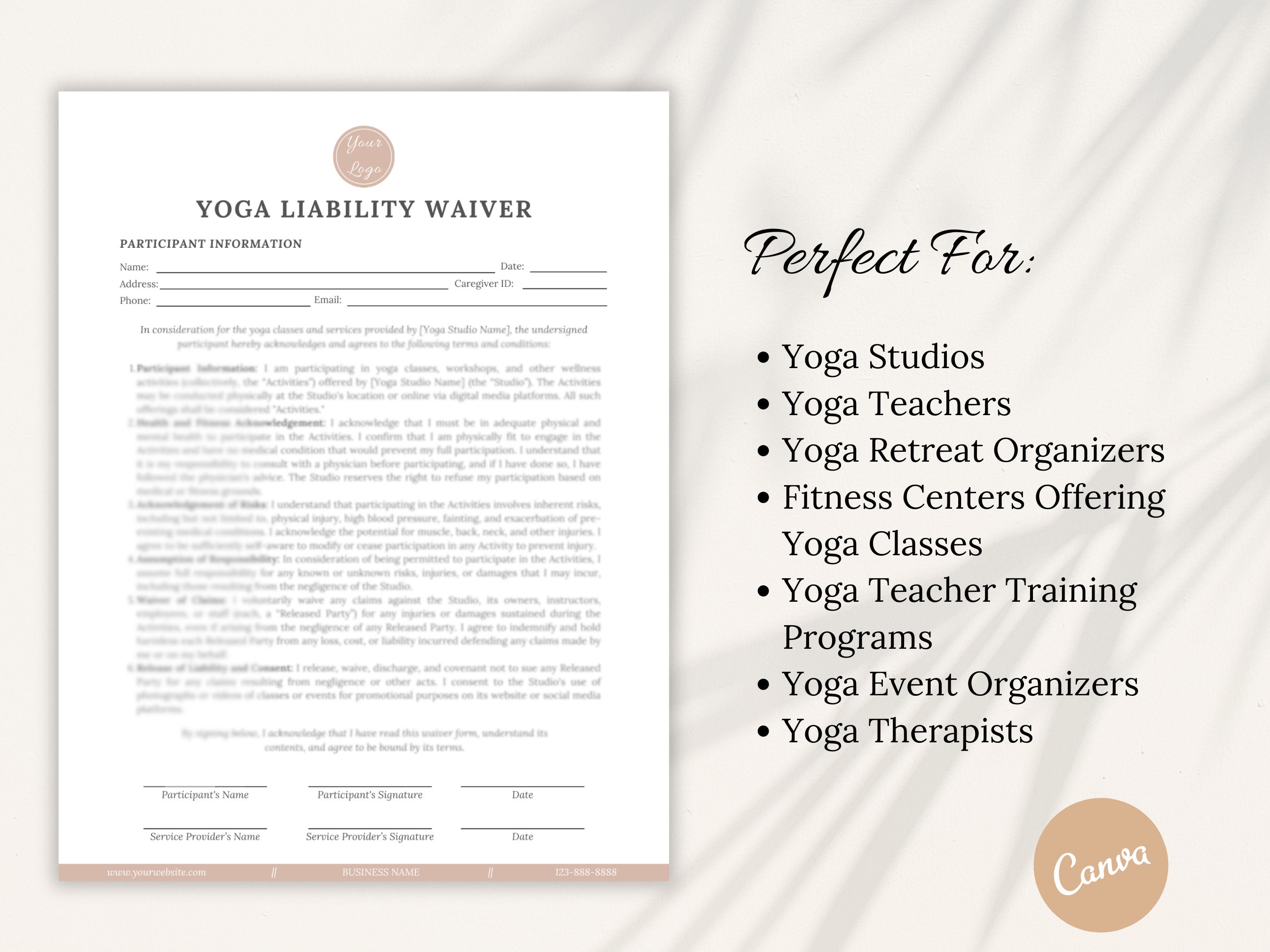 Yoga Liability Waiver Form, Yoga Photo Release Consent Form, Yoga Teacher Client Liability Form ...