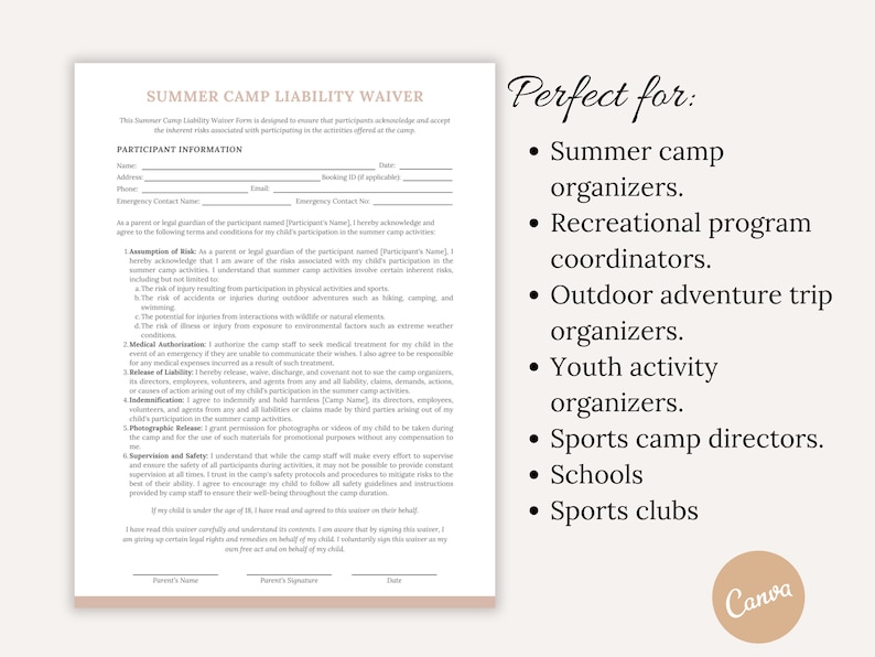 Editable Summer Camp Liability Waiver Template (digital Download) - Etsy