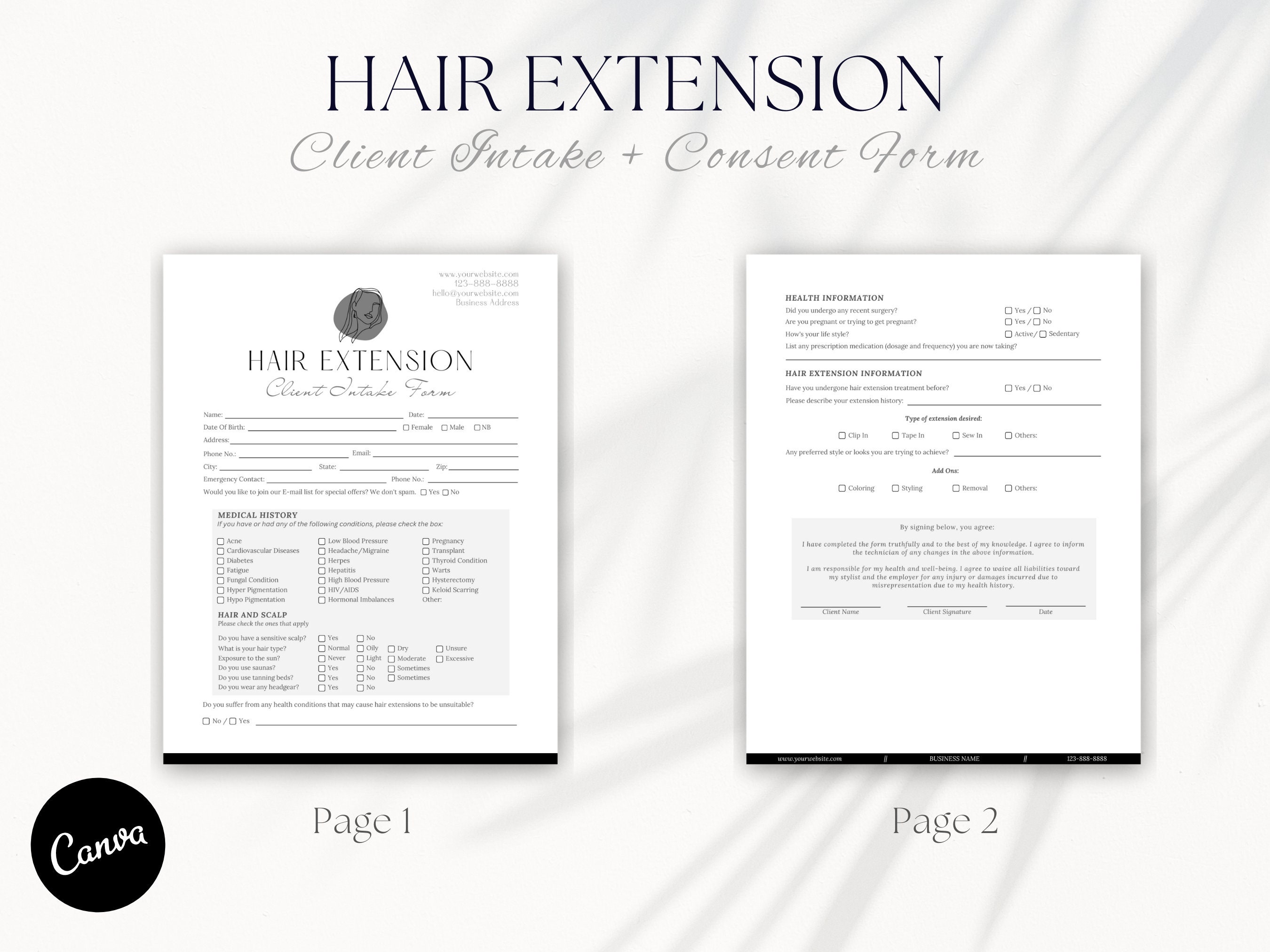 Hair Extension Service Contract Template: Salon Forms (canva Editable ...