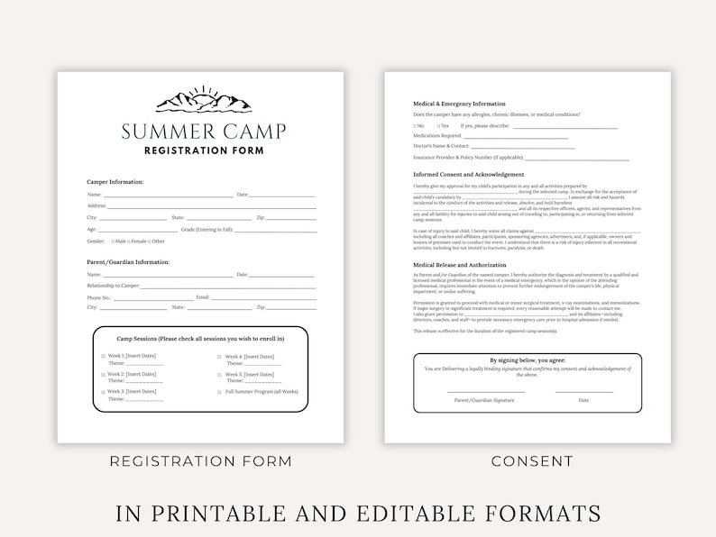 Editable Summer Camp Registration Form Template: Medical Consent (PDF ...