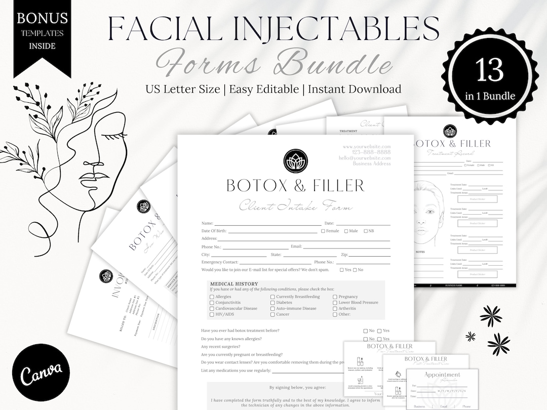 Facial Injectables Forms, Botox Consent Form, Botox and Dermal Filler ...