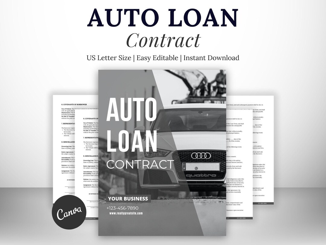 Auto Loan Agreement Template, Printable Car Loan Agreement, Vehicle ...