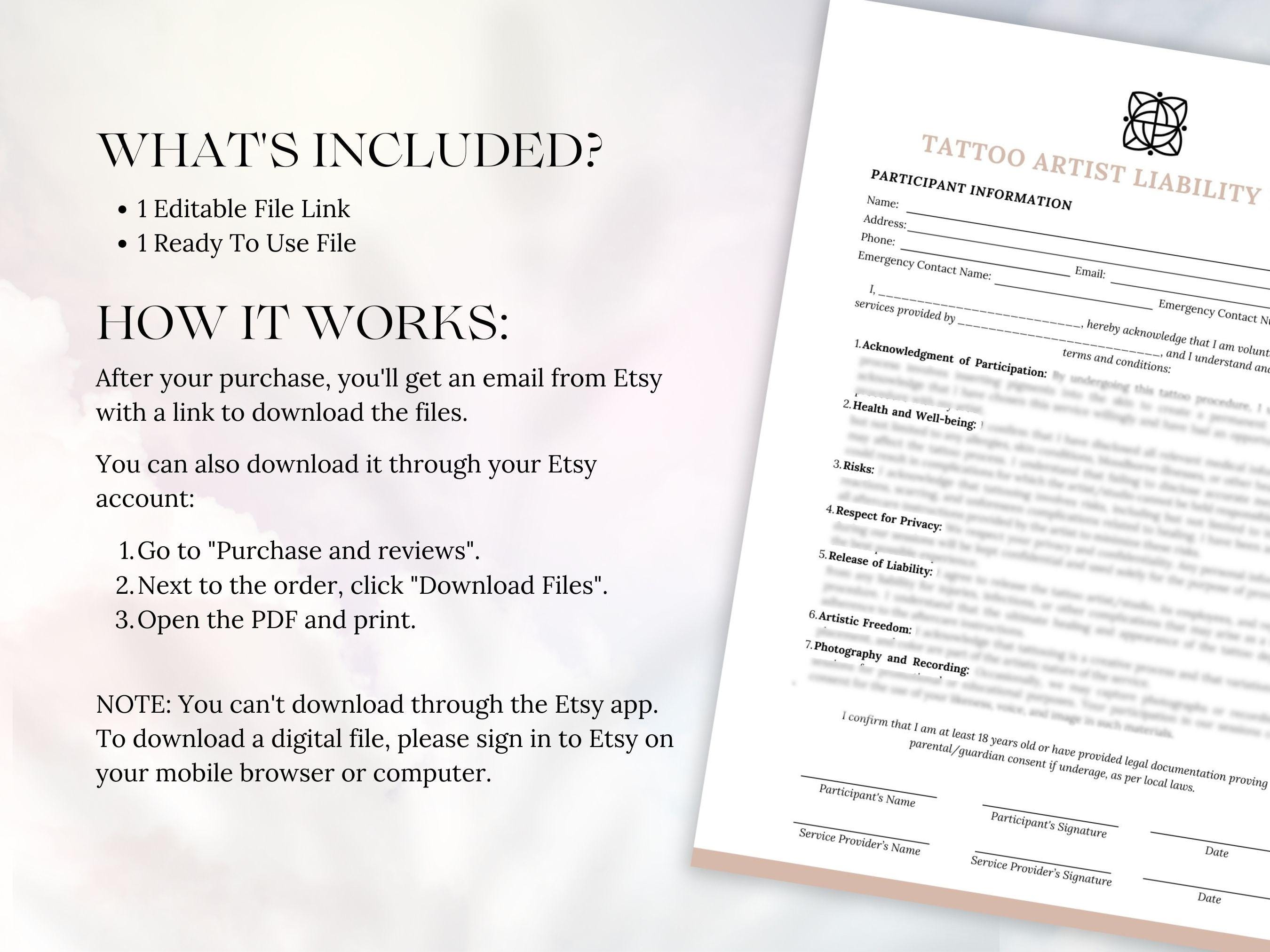 Tattoo Artist Liability Waiver, Tattoo Consent & Release Form, Client ...