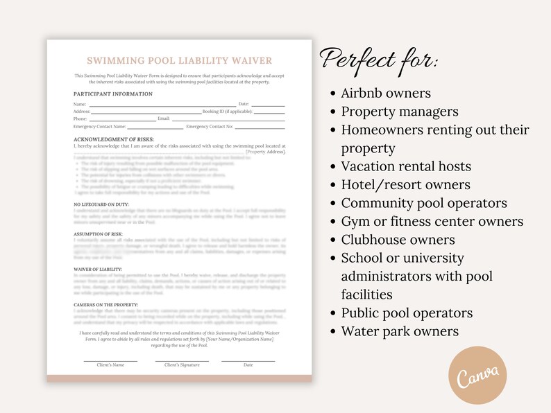Swimming Pool Liability Waiver Template: Customizable Pool Rental ...