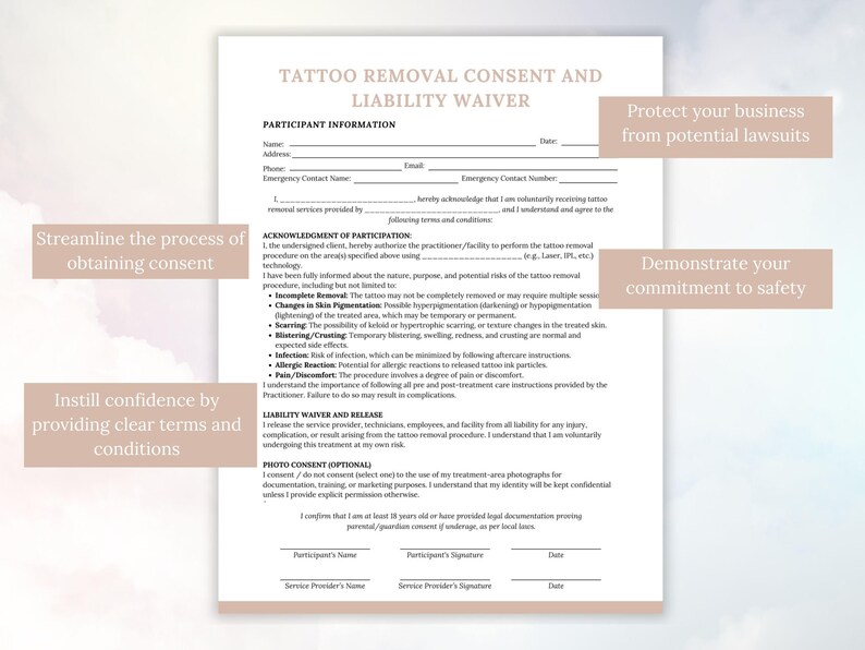 Printable and Editable Tattoo Removal Liability Waiver PDF Template ...