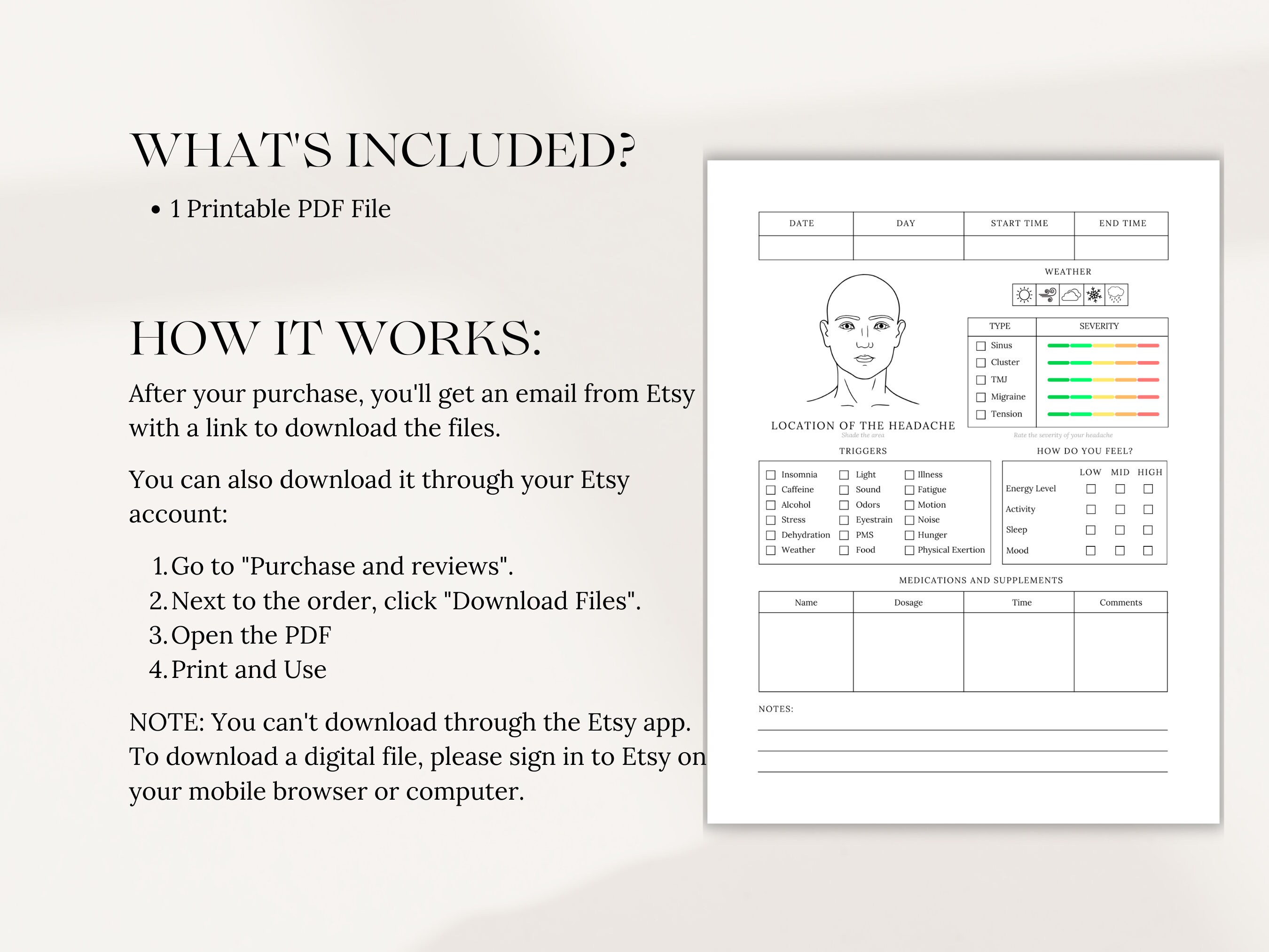 Printable Headache Tracker, Migraine Tracker, Headache Symptom Tracker ...