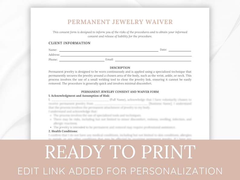 Permanent Jewelry Waiver Template: Editable Consent Form (digital ...