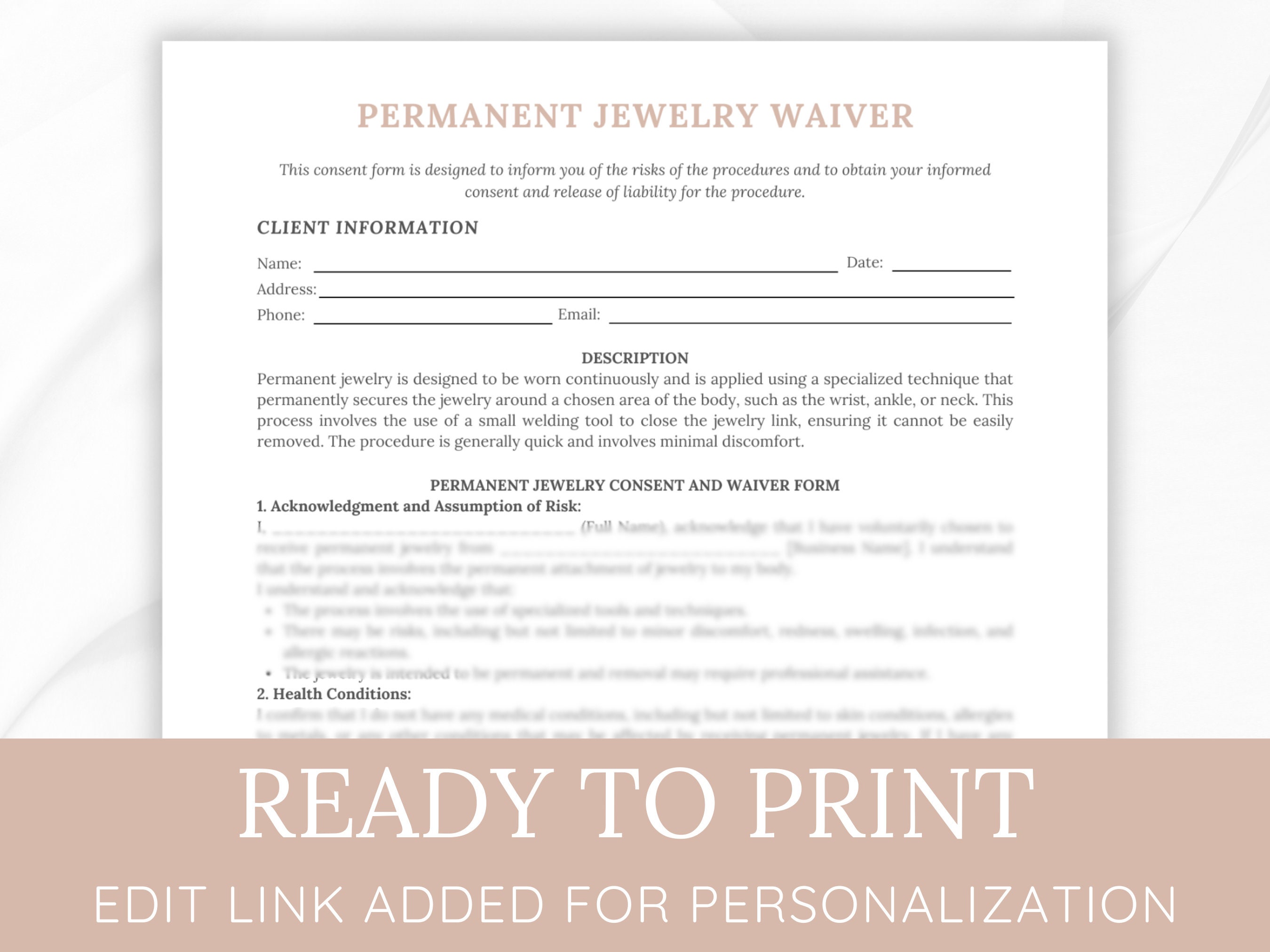 Permanent Jewelry Waiver Template: Editable Consent Form (digital ...