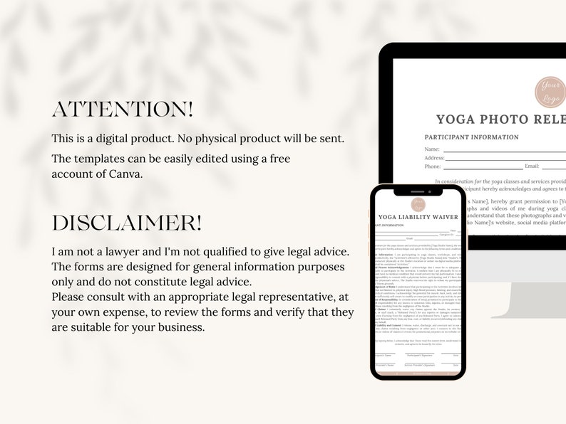 Yoga Liability Waiver Form, Yoga Photo Release Consent Form, Yoga ...