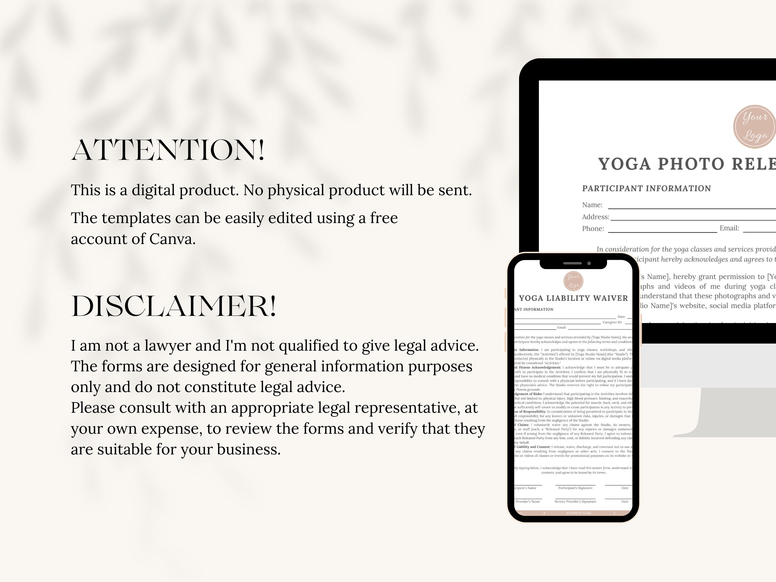 Yoga Liability Waiver Form, Yoga Photo Release Consent Form, Yoga ...