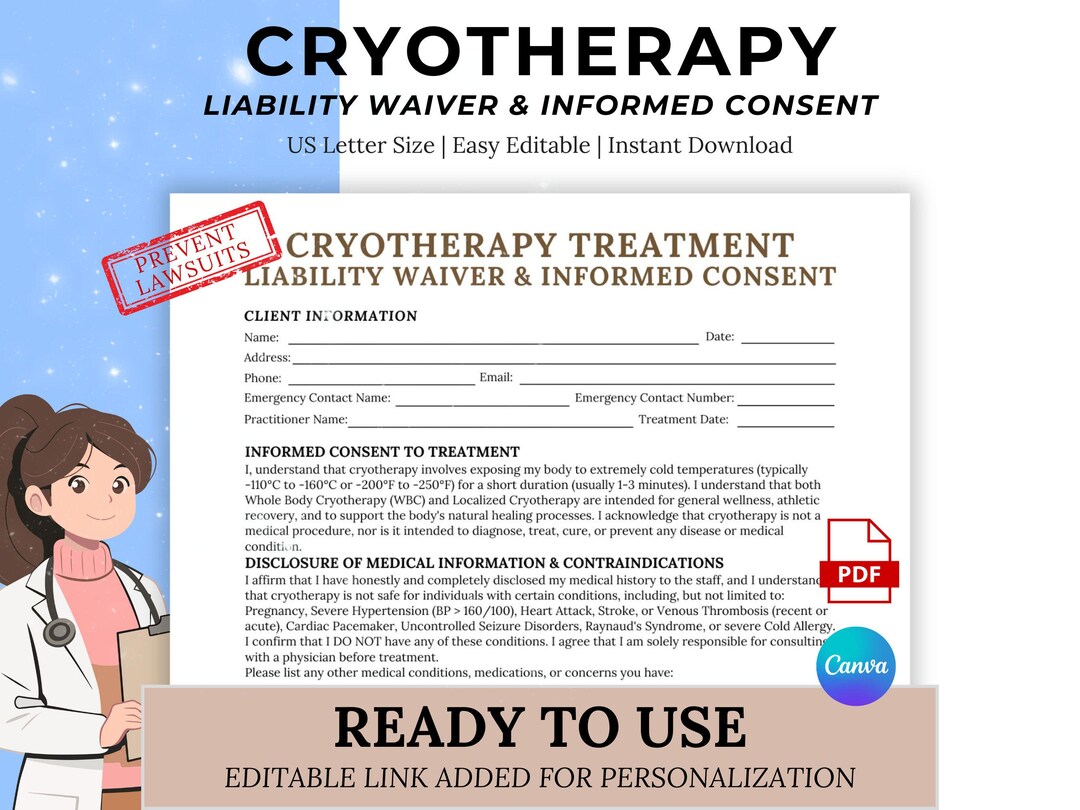 Cryotherapy Treatment Waiver, Spa Client Intake Form (PDF) - Etsy