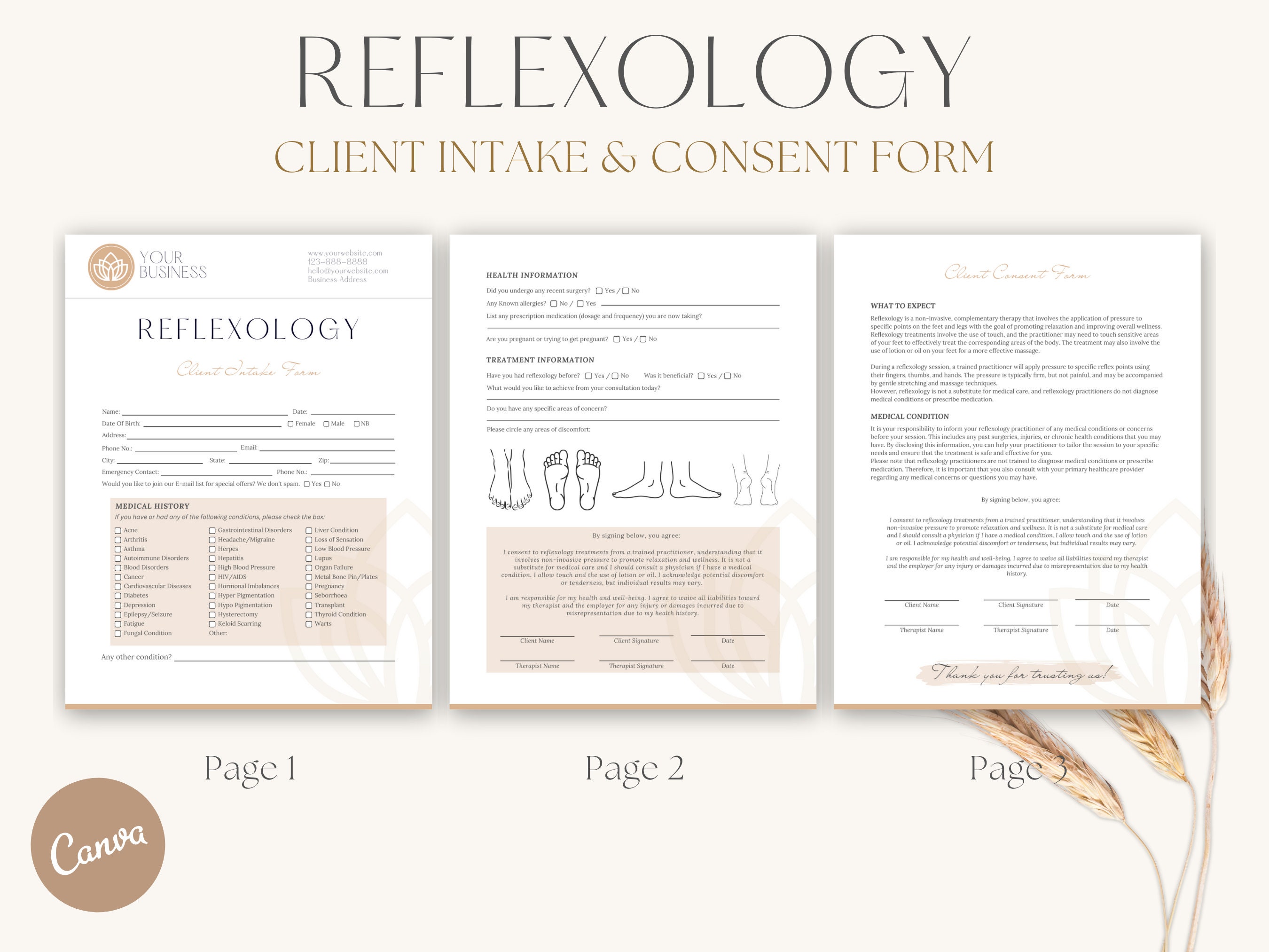 Reflexology Intake and Consent Forms Foot Massage Forms Edit in Canva ...