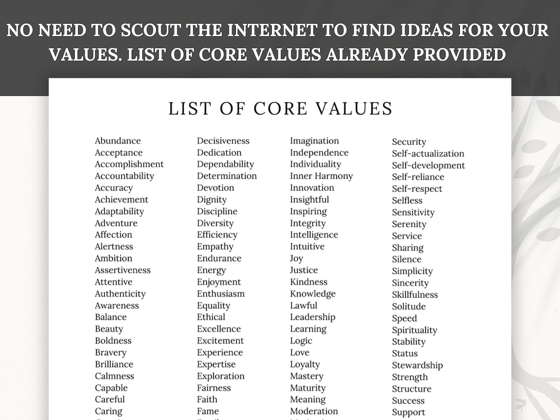 Printable Identify Core Values Worksheet, Values Discovery Sheet, Core Principles Exploration ...
