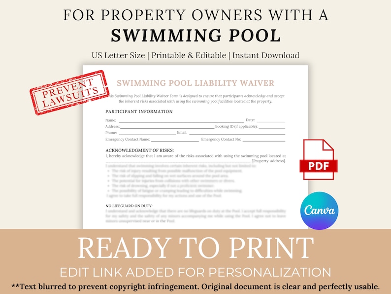 Swimming Pool Liability Waiver Template: Customizable Pool Rental ...