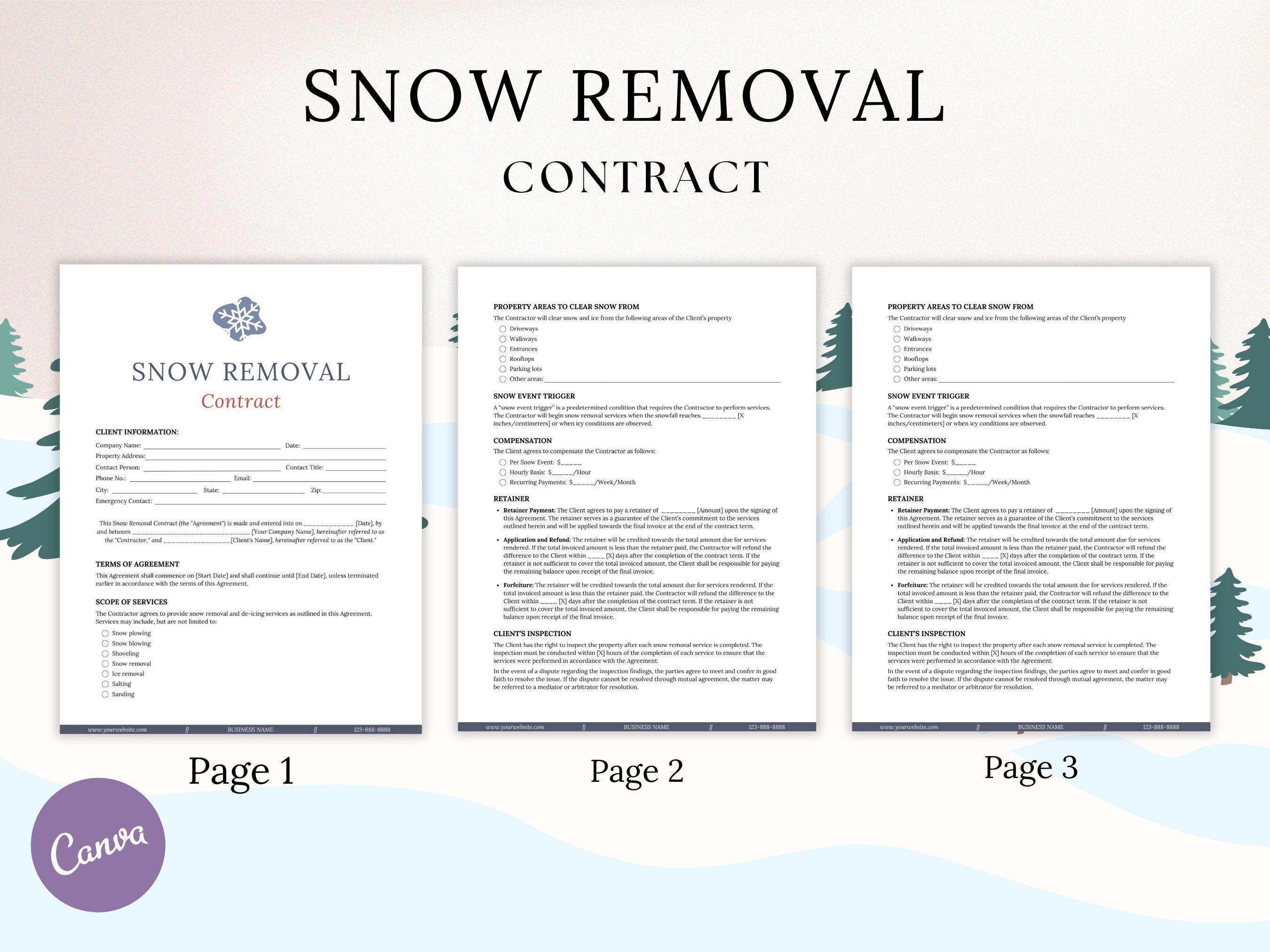 Editable Snow Removal Contract Template: Plowing & De-icing (digital ...