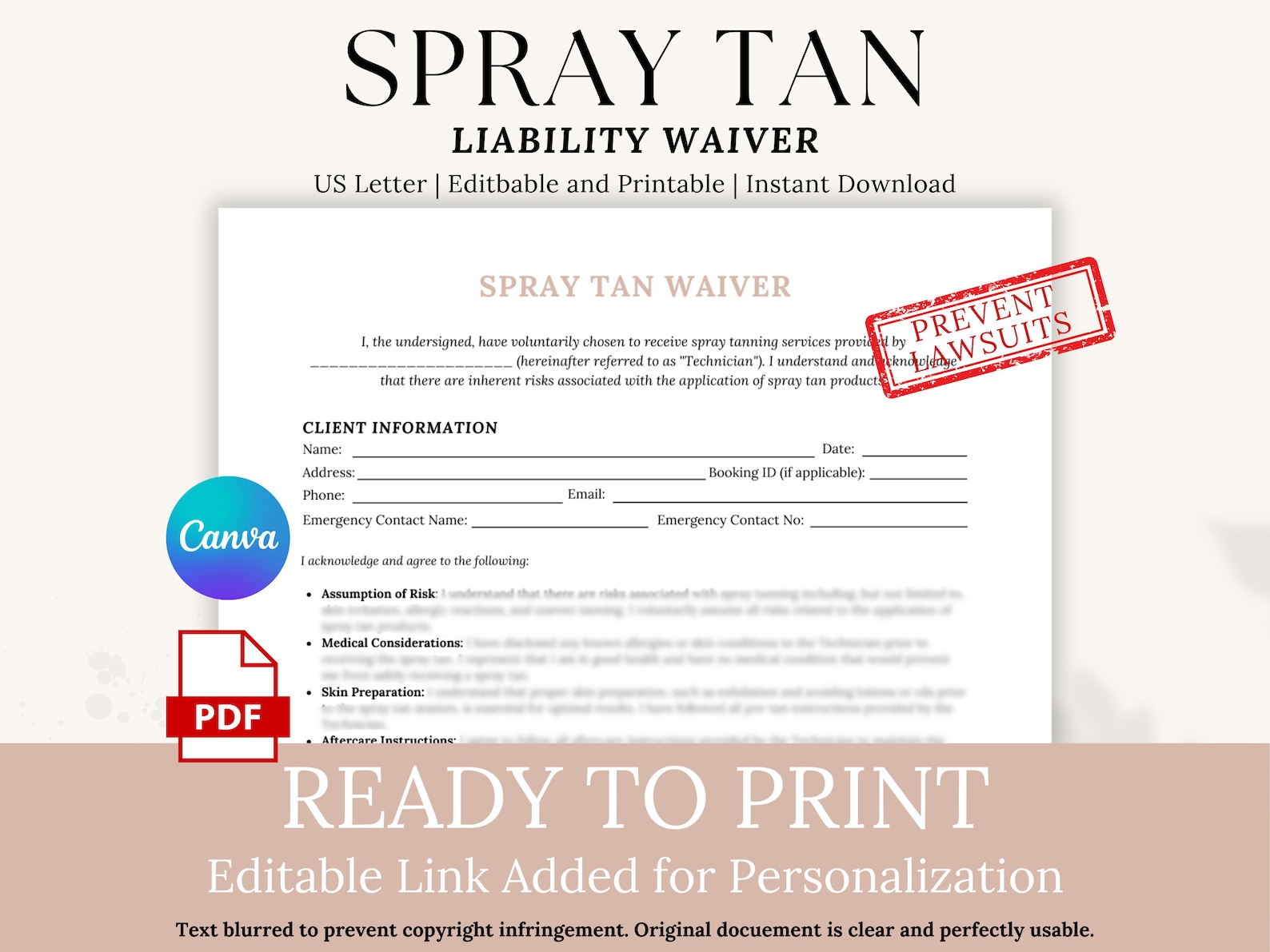 Spray Tan Liability Waiver, Spray Tan Consent Form, Assumption of Risks ...