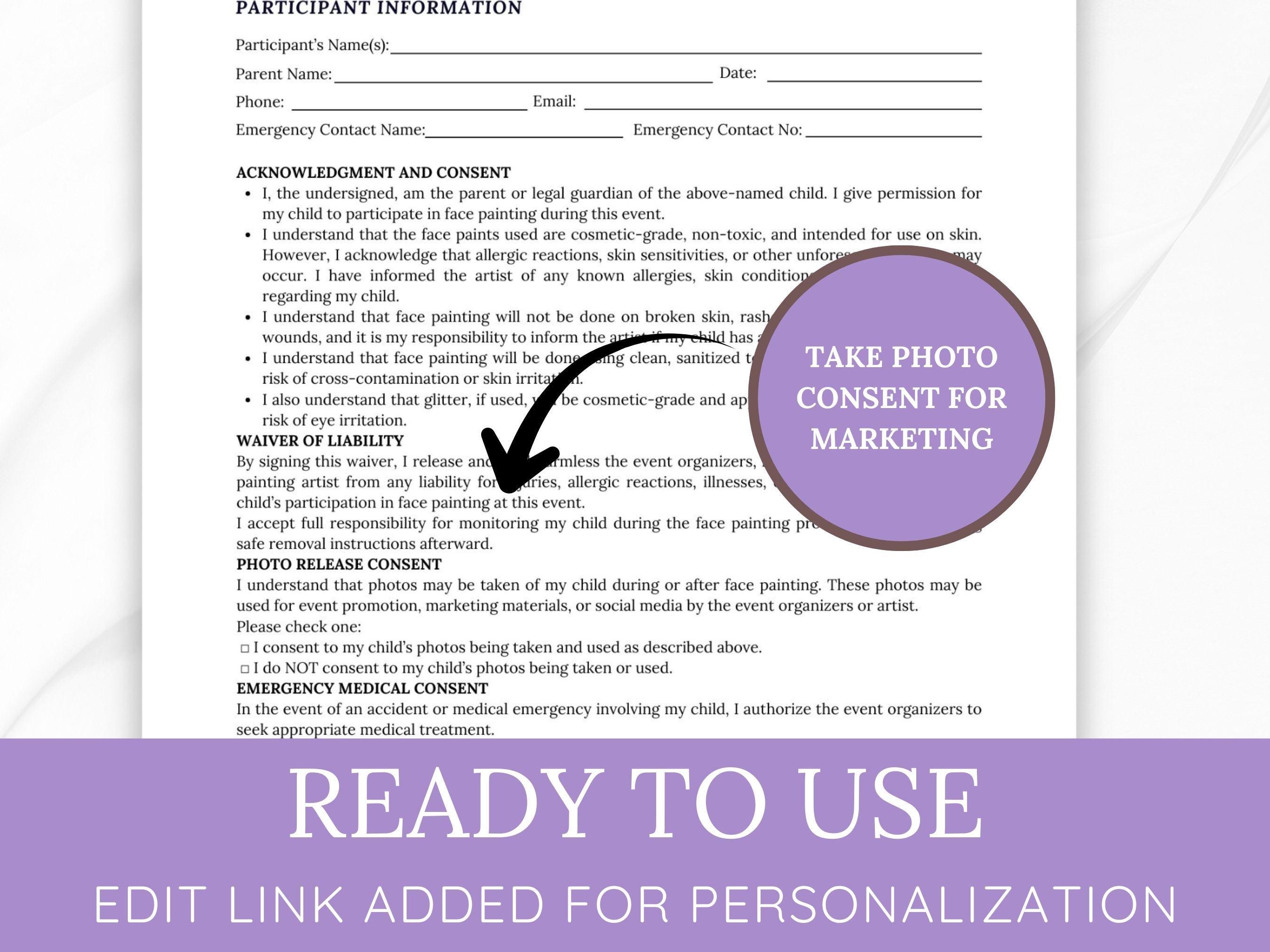 Face Painting Liability Waiver Template: Party Consent Form (PDF ...
