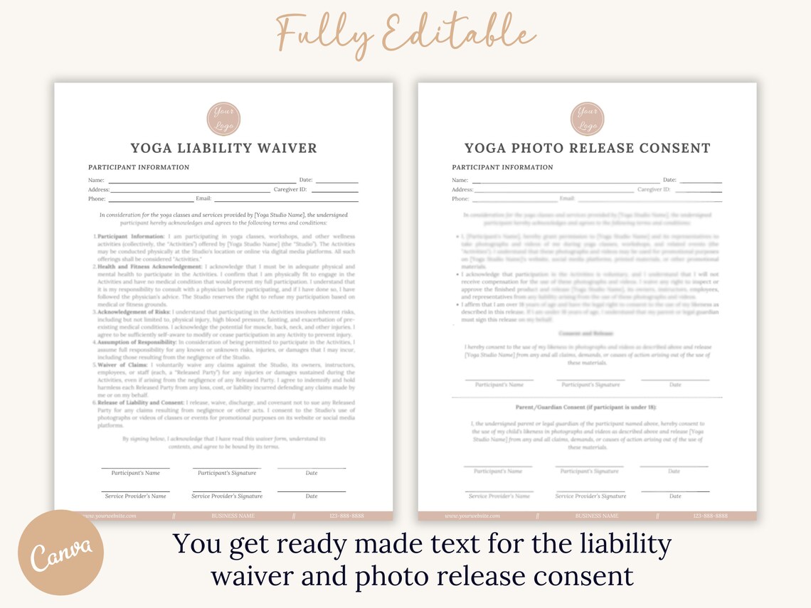 Yoga Liability Waiver Form, Yoga Photo Release Consent Form, Yoga ...
