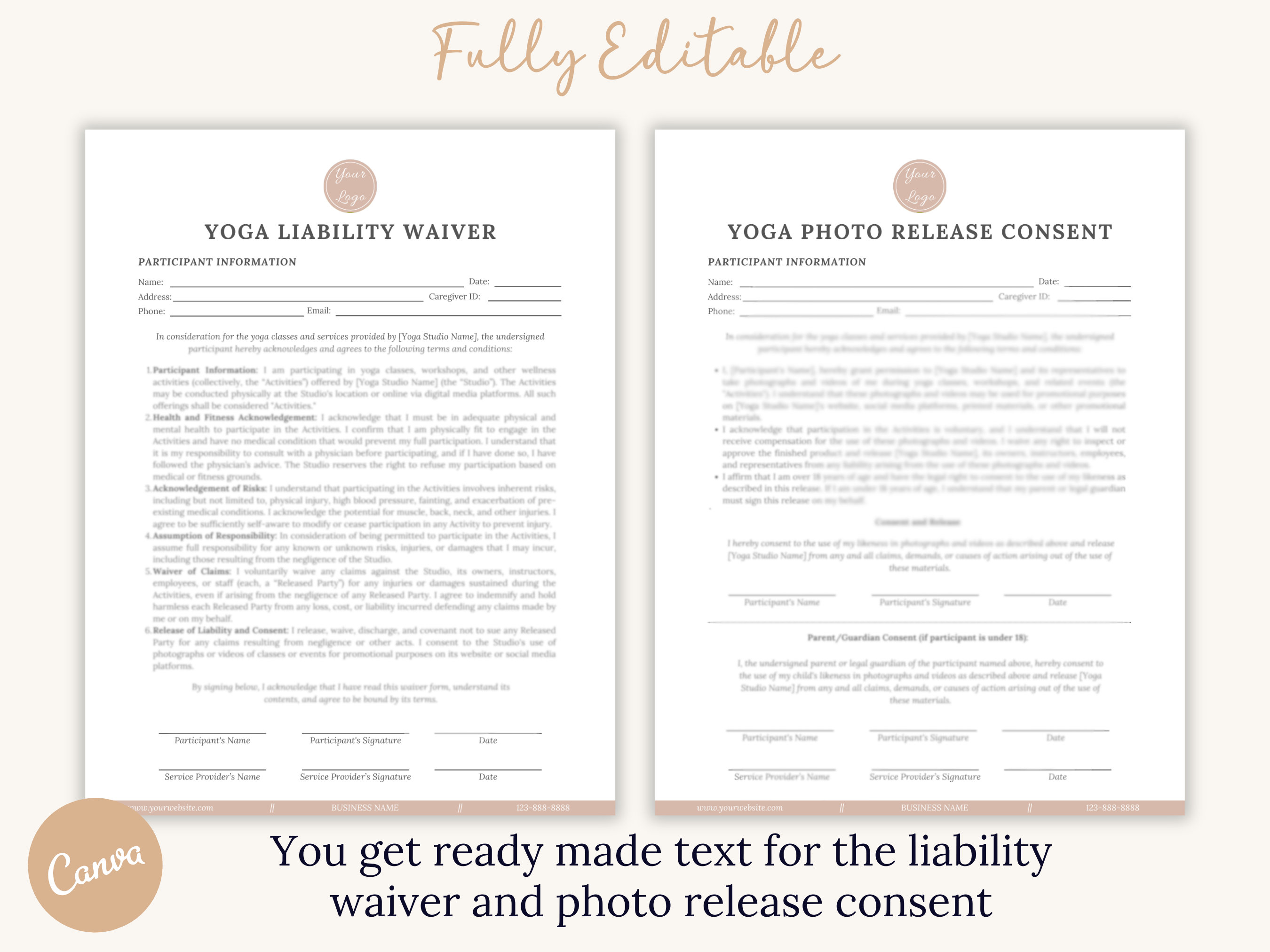 Yoga Liability Waiver Form, Yoga Photo Release Consent Form, Yoga ...