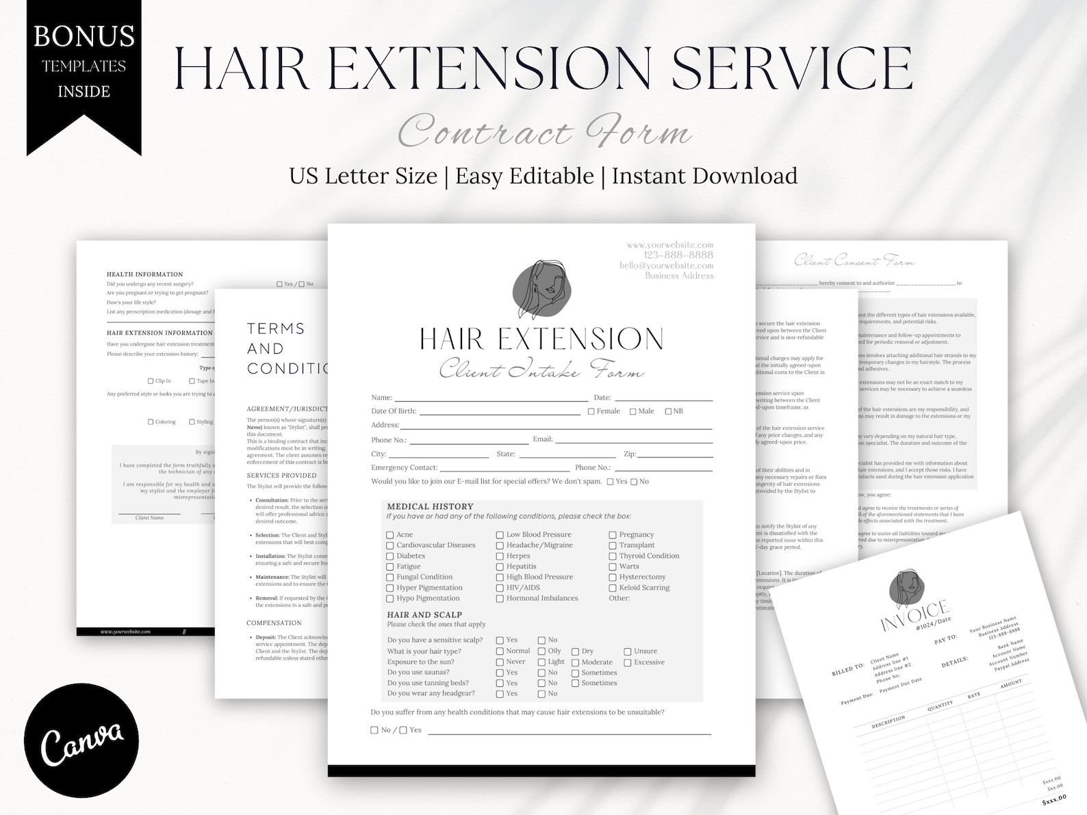 Hair Extension Service Contract Template: Salon Forms (canva Editable ...