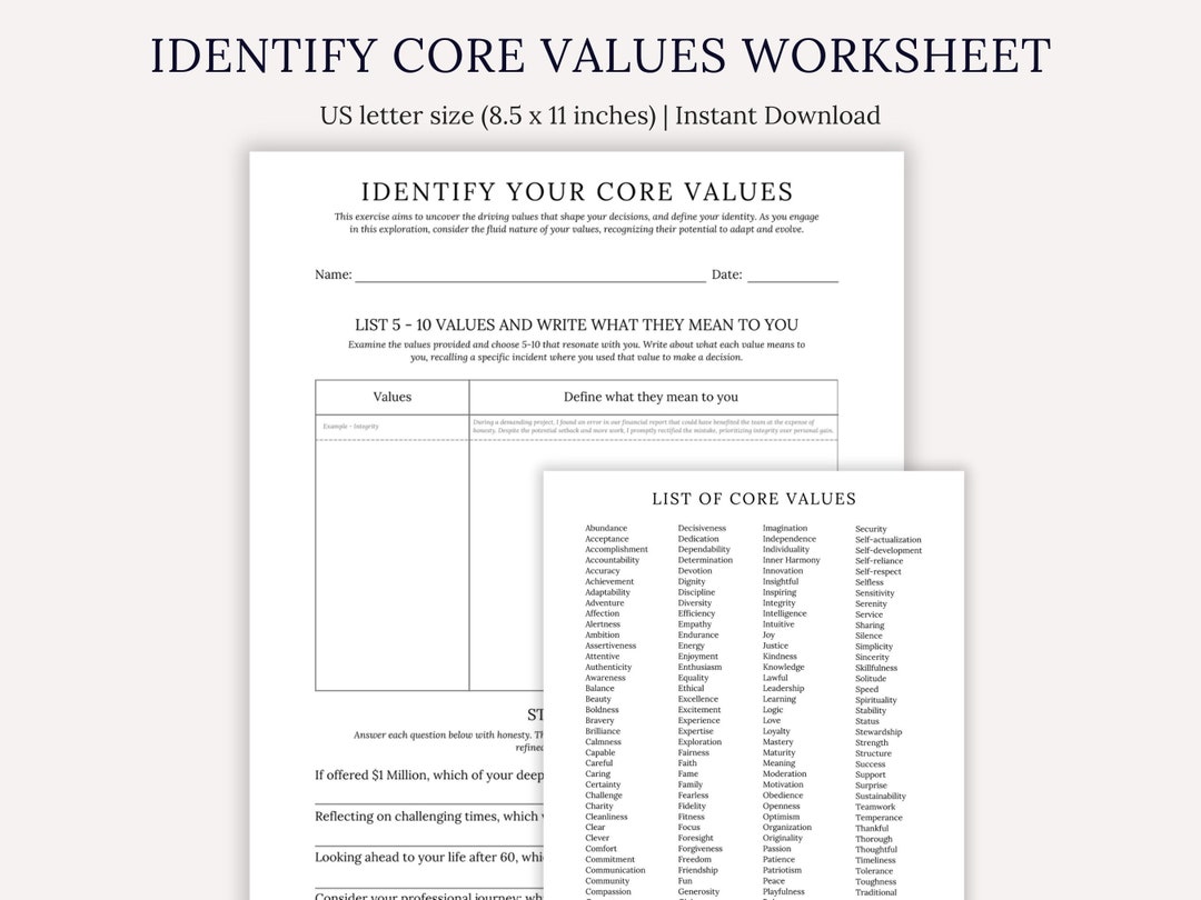 Printable Identify Core Values Worksheet, Self Exploration Worksheet ...