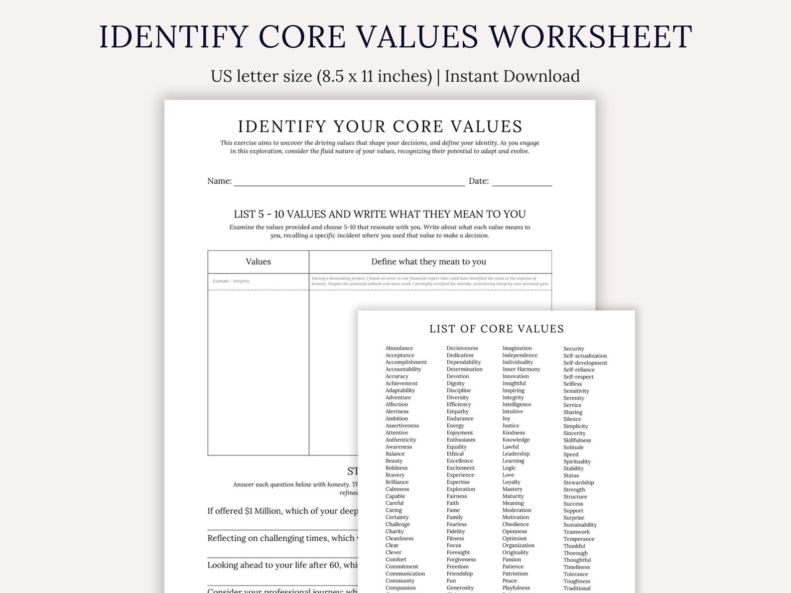 Printable Identify Core Values Worksheet, Values Discovery Sheet, Core ...