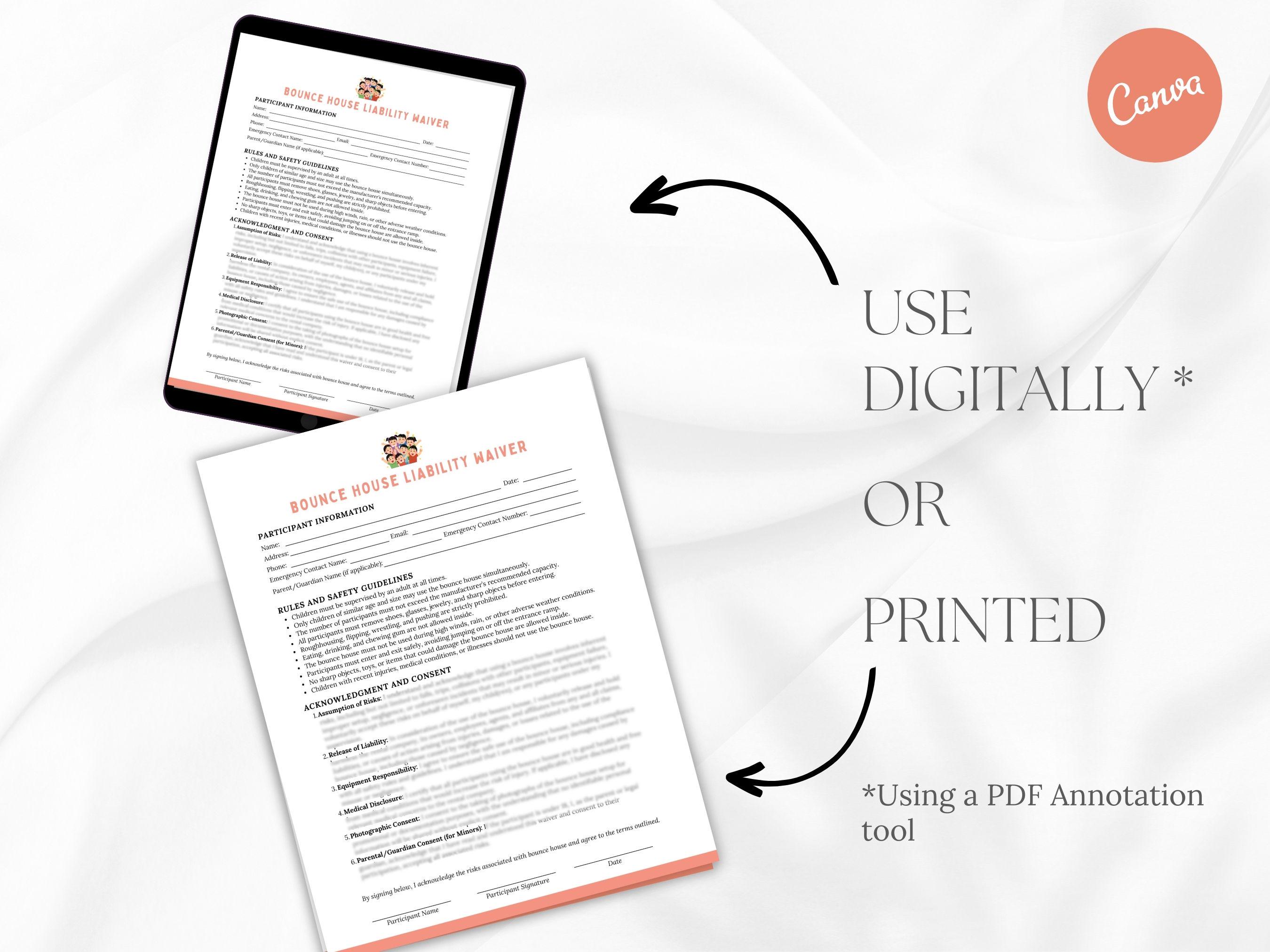 Bounce House Rental Liability Waiver, Inflatable Business Waiver, Can ...