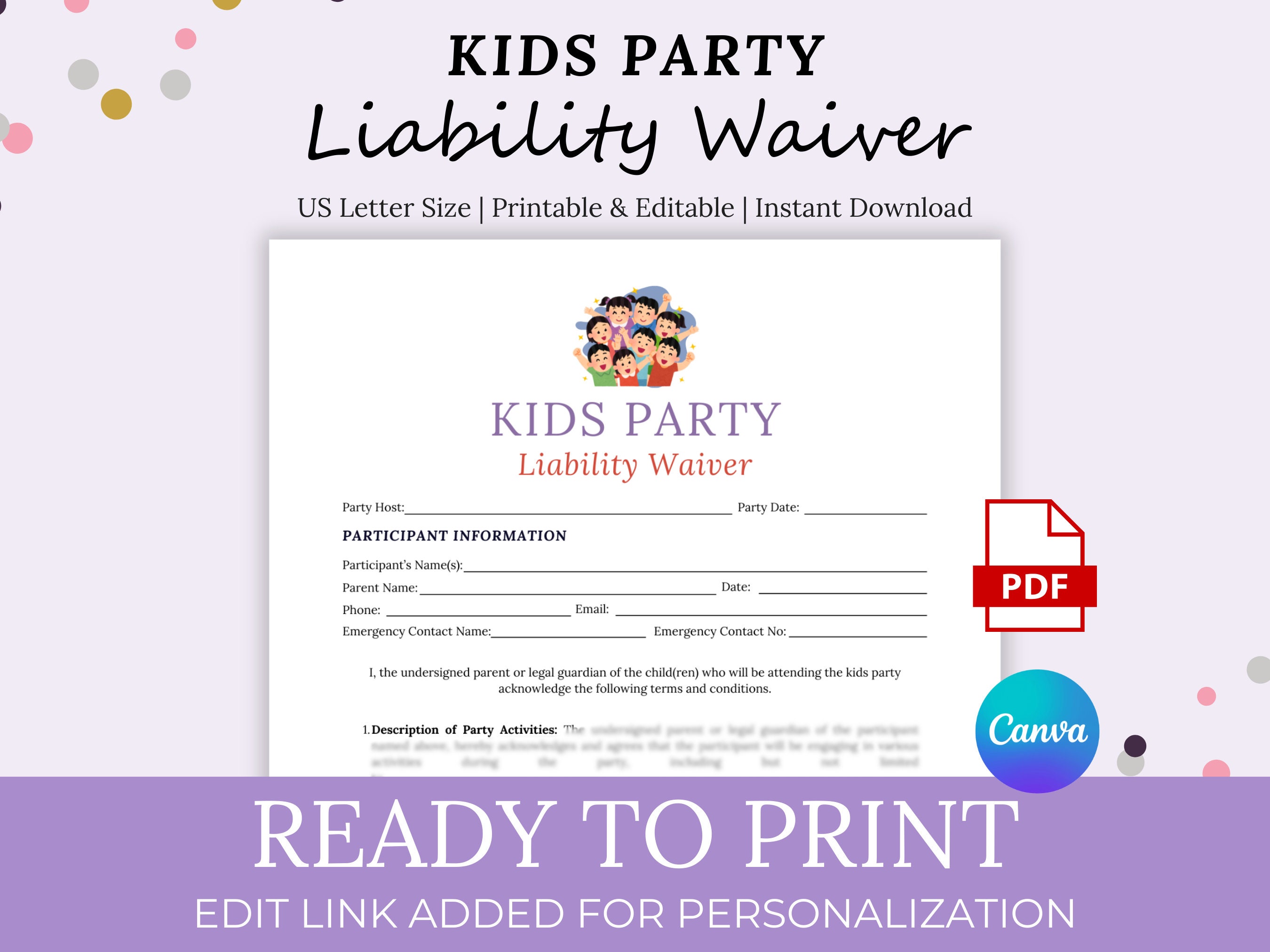 Liability Waiver for Kids Party, Parents Consent Form for Kids Events ...
