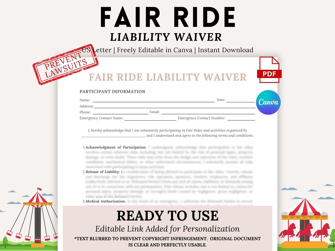 Fair Rides Liability Waiver for Amusement Park and Water Park, Pop Out ...