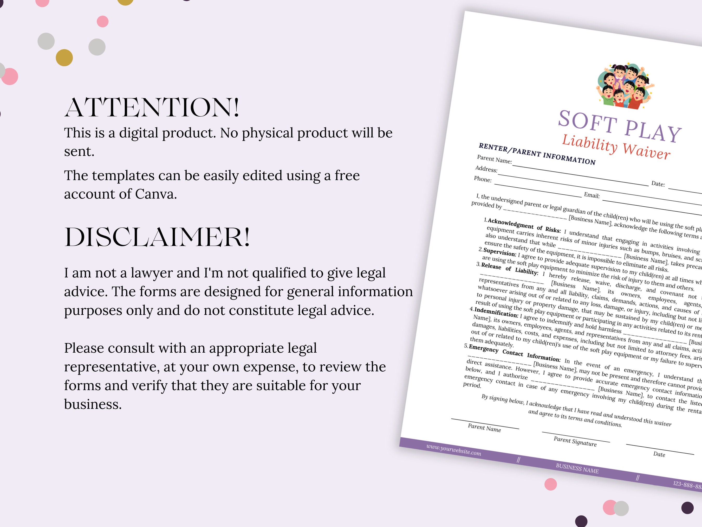 Soft Play Waiver Form Indoor Playground Release of Liability Template ...