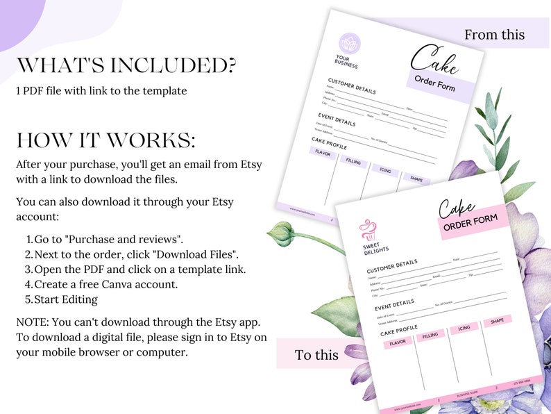 Customizable Cake Order Form, Cake Contract Template, Cake Care ...