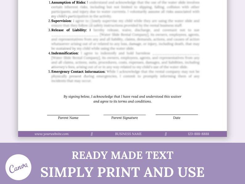 Water Slide Liability Waiver Template: Editable Rental Consent Form ...