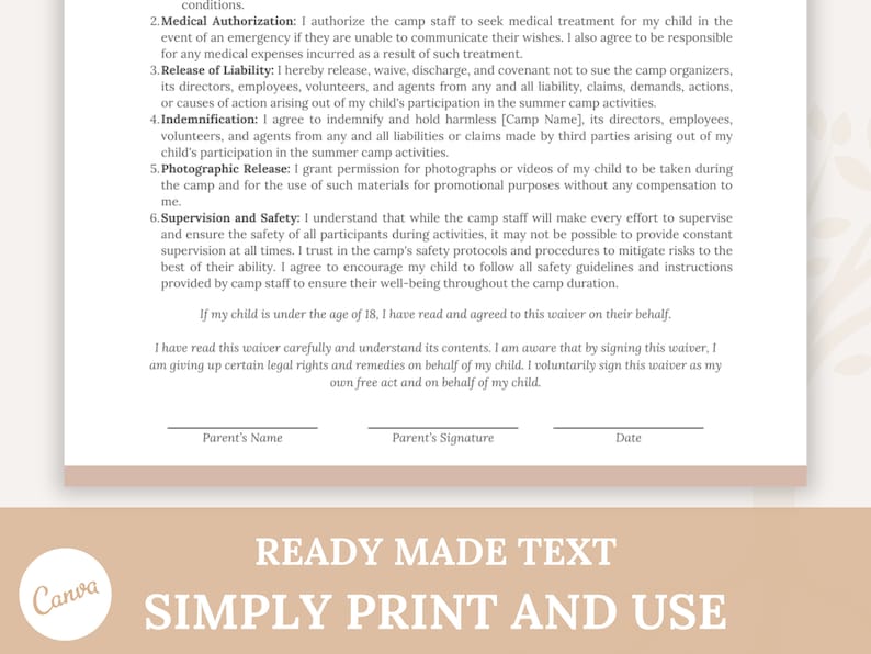 Editable Summer Camp Liability Waiver Template (digital Download) - Etsy