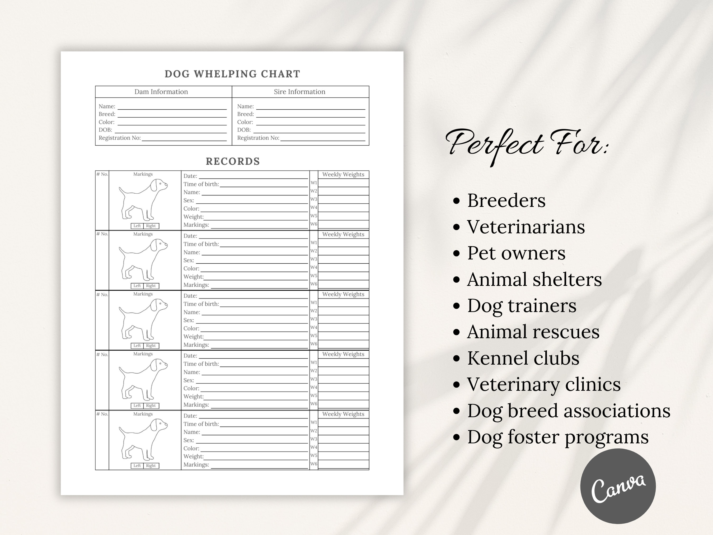 Dog Whelping Chart, Puppy Weight Tracker, Record Puppy Marking, Dog ...